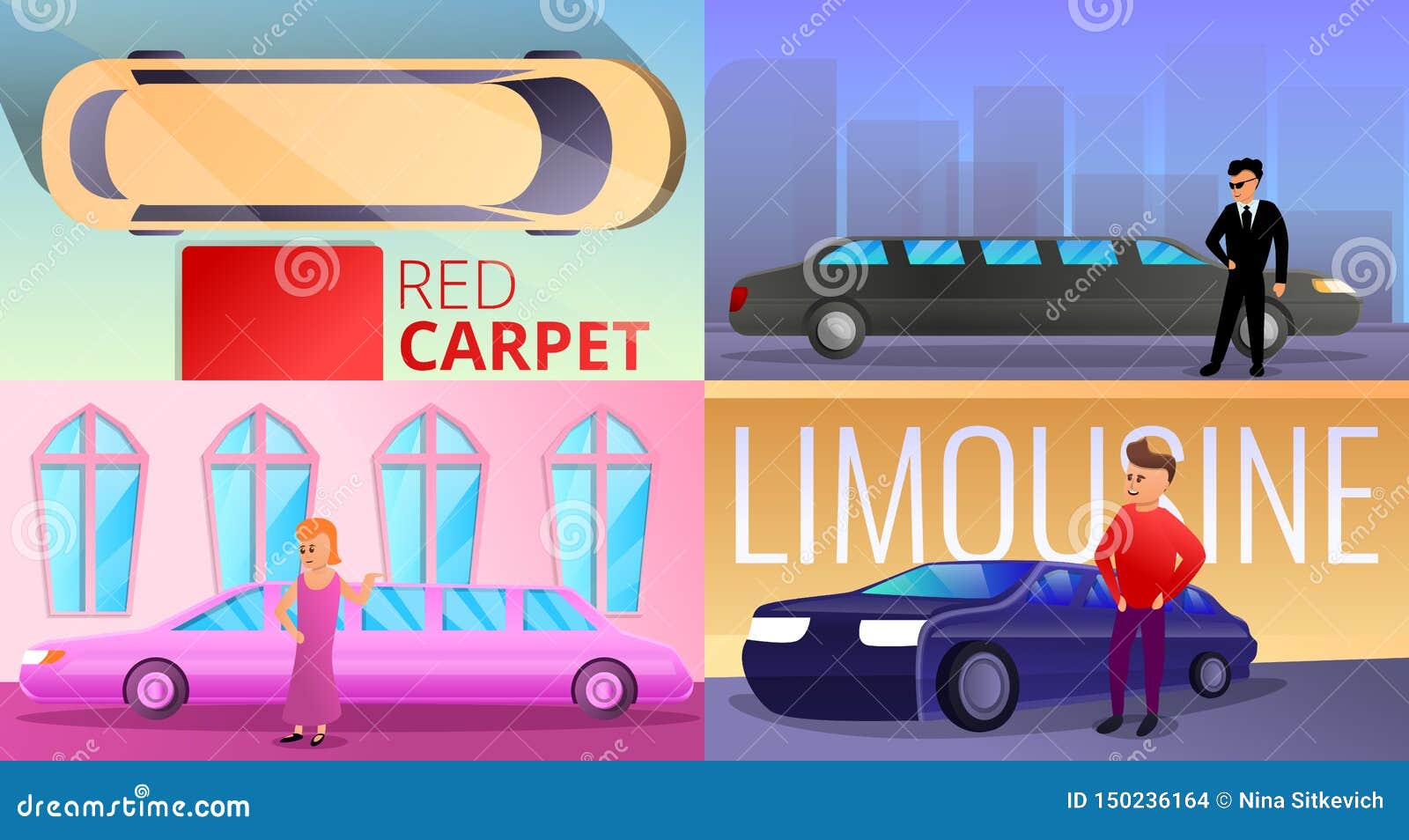 Limousine Banner Set, Cartoon Style Stock Vector - Illustration of long ...