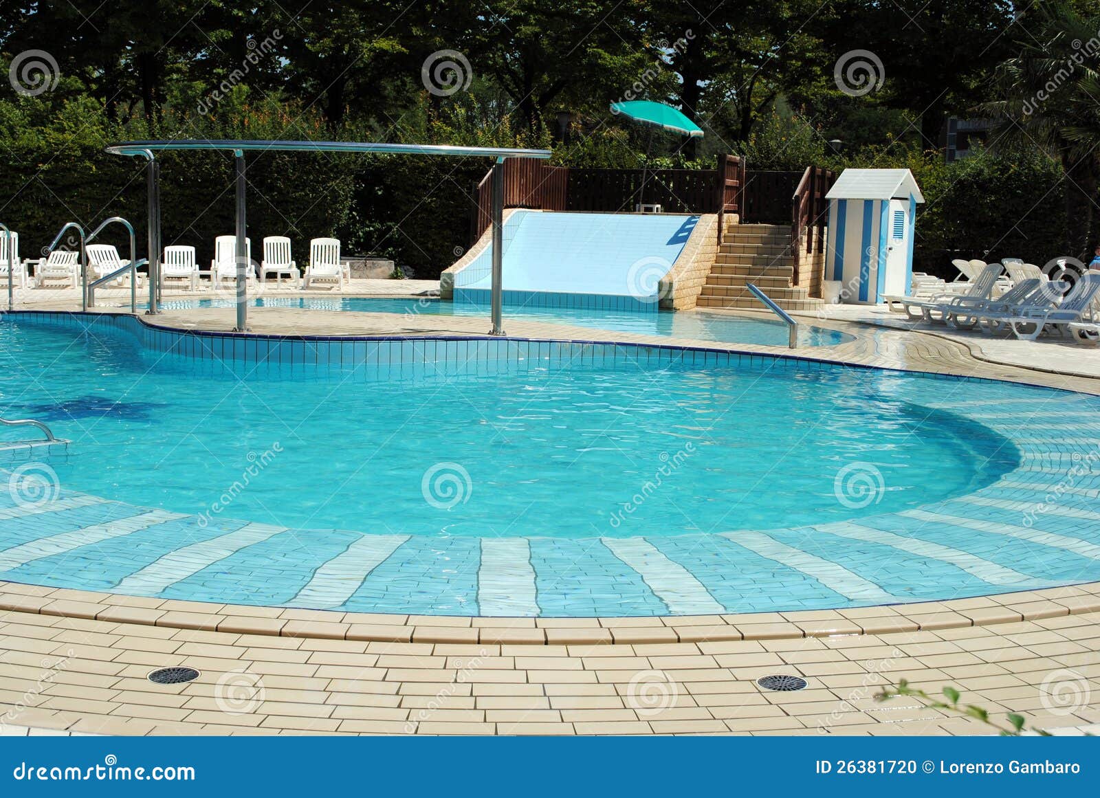 Limpid Swimming Pool and White Sunbeds Stock Photo - Image of ladder ...