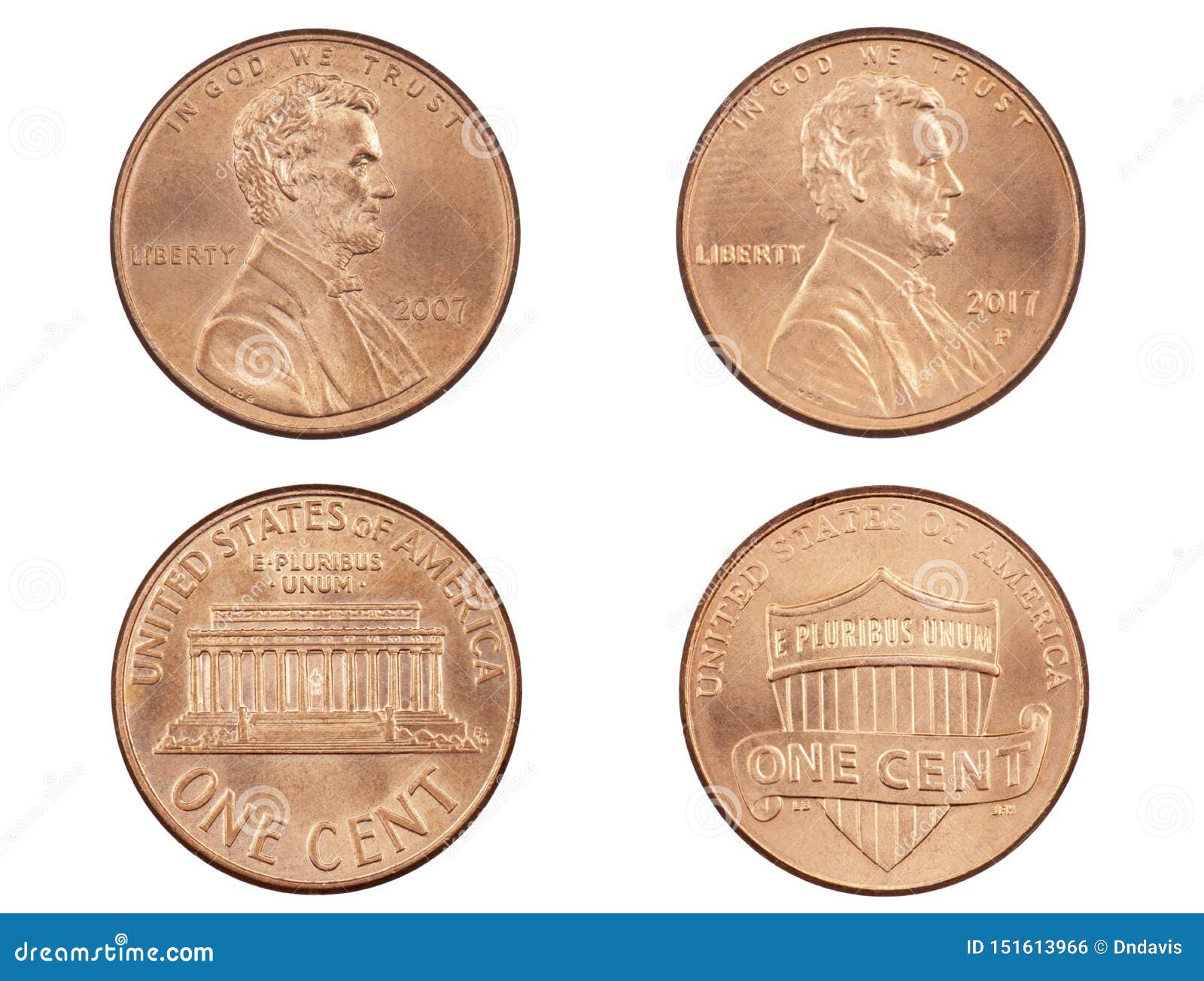 Lincoln Memorial Cent and Union Shield Cent Isolated White Background ...
