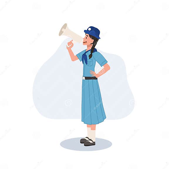 Linda Chica Tailandesa Con Uniforme Usando Megáfono Encarnación De Habilidades De Liderazgo Y