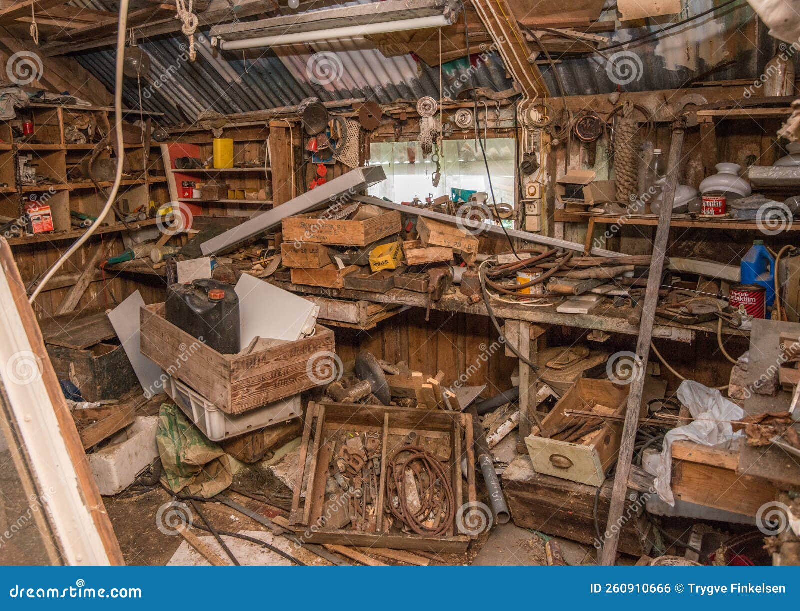 Cluttered, Old Workbench with Old Tools. in a Shed.. Editorial Photo - Image of handle ...