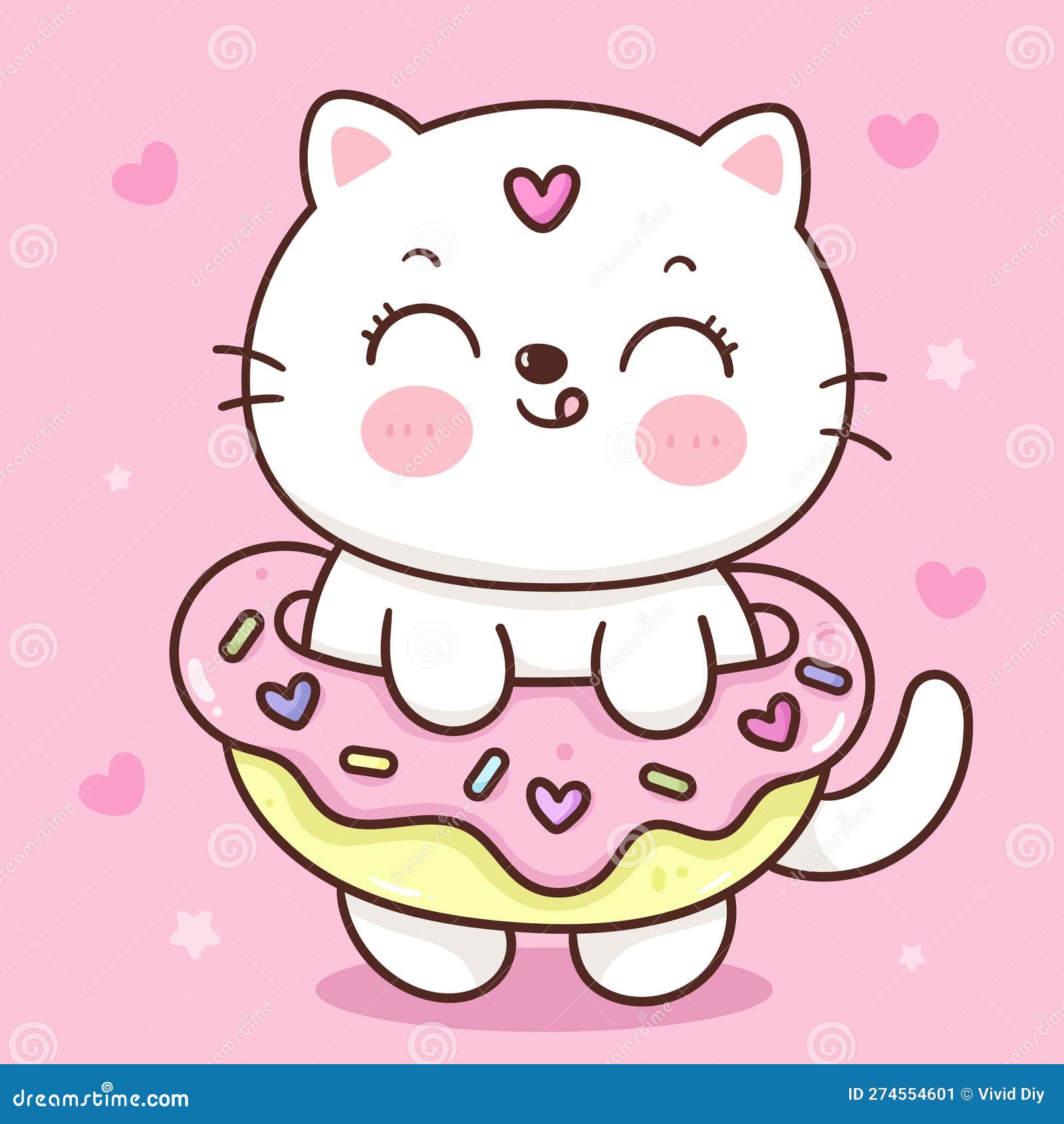 Lindo Gato Dulce Con Yummy Donut Serie Gatito Kawaii Aislado En Fondo Rosa Ilustración Del