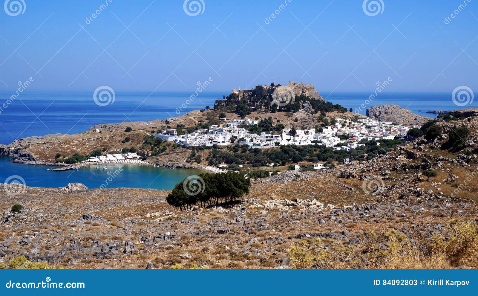 Lindos Bay and boat stock image. Image of summer, recreation - 84092803