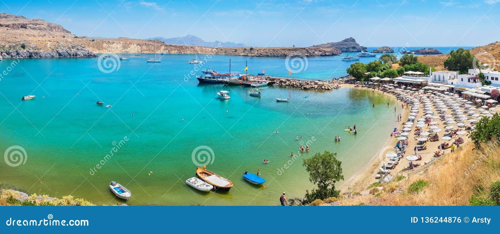 Lindos Bay. Rhodes, Greece stock photo. Image of panorama - 136244876