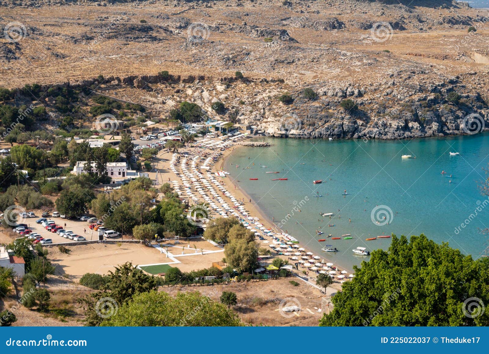 Lindos Beach in Rhodes editorial photography. Image of blue - 225022037