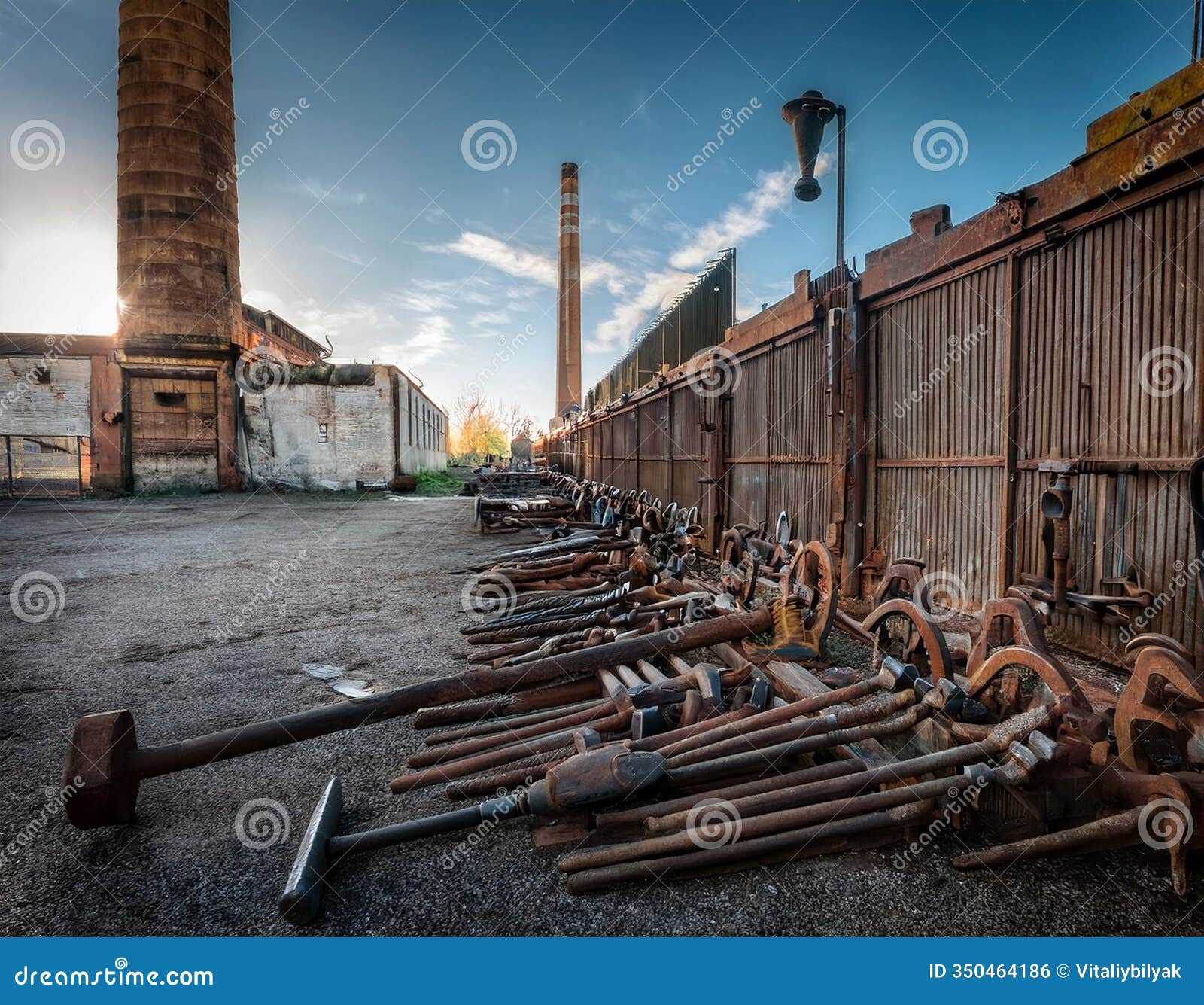 A Line of Abandoned Tools by a Locked Factory Gate, Symbolizing ...