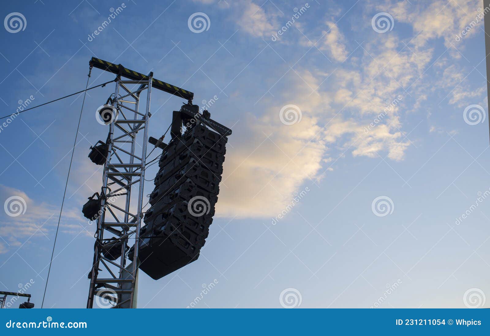 Line Array Speaker System Hanging from Pole during Daylight Performance ...