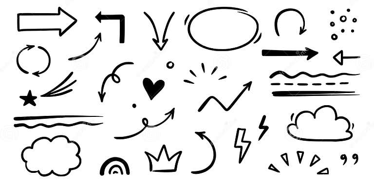 Line Arrow, Underline, Round Frame Hand Drawn Vector Element Set. Hand ...