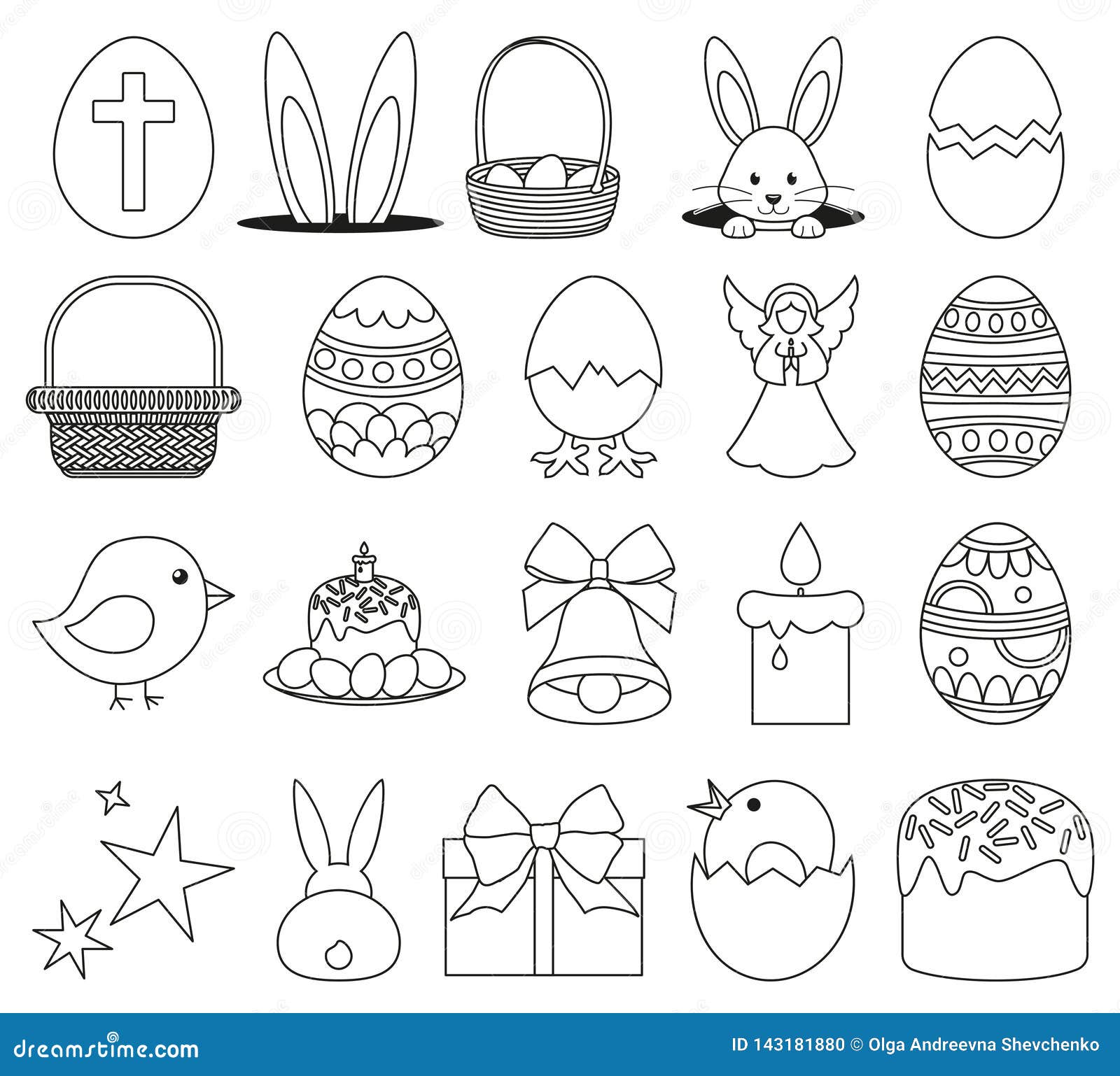 20 Line Art Black and White Easter Elements Set Stock Vector ...