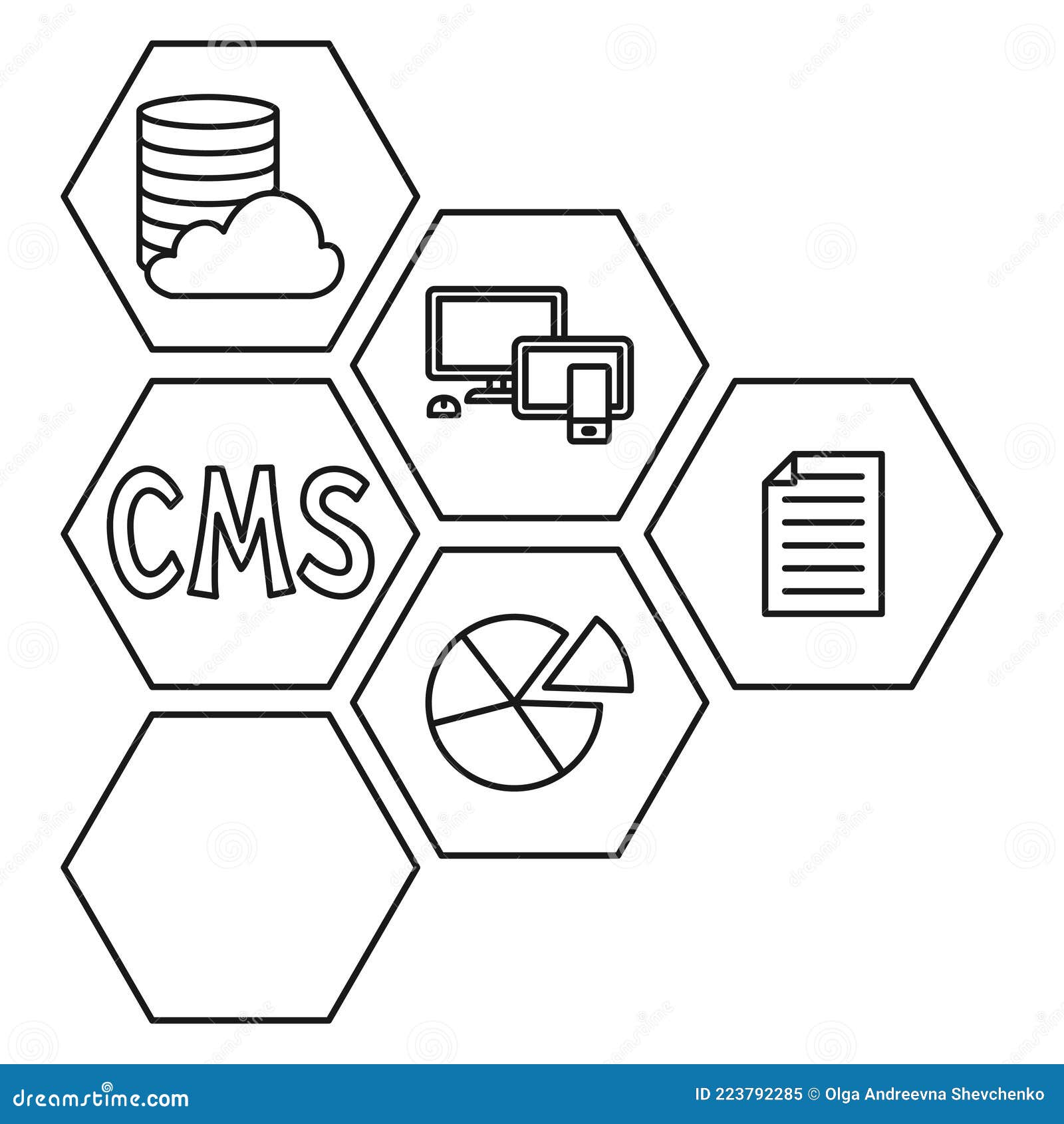 Line Art Black and White Pattern of Cms Elements. Hexagon Arrow Point ...