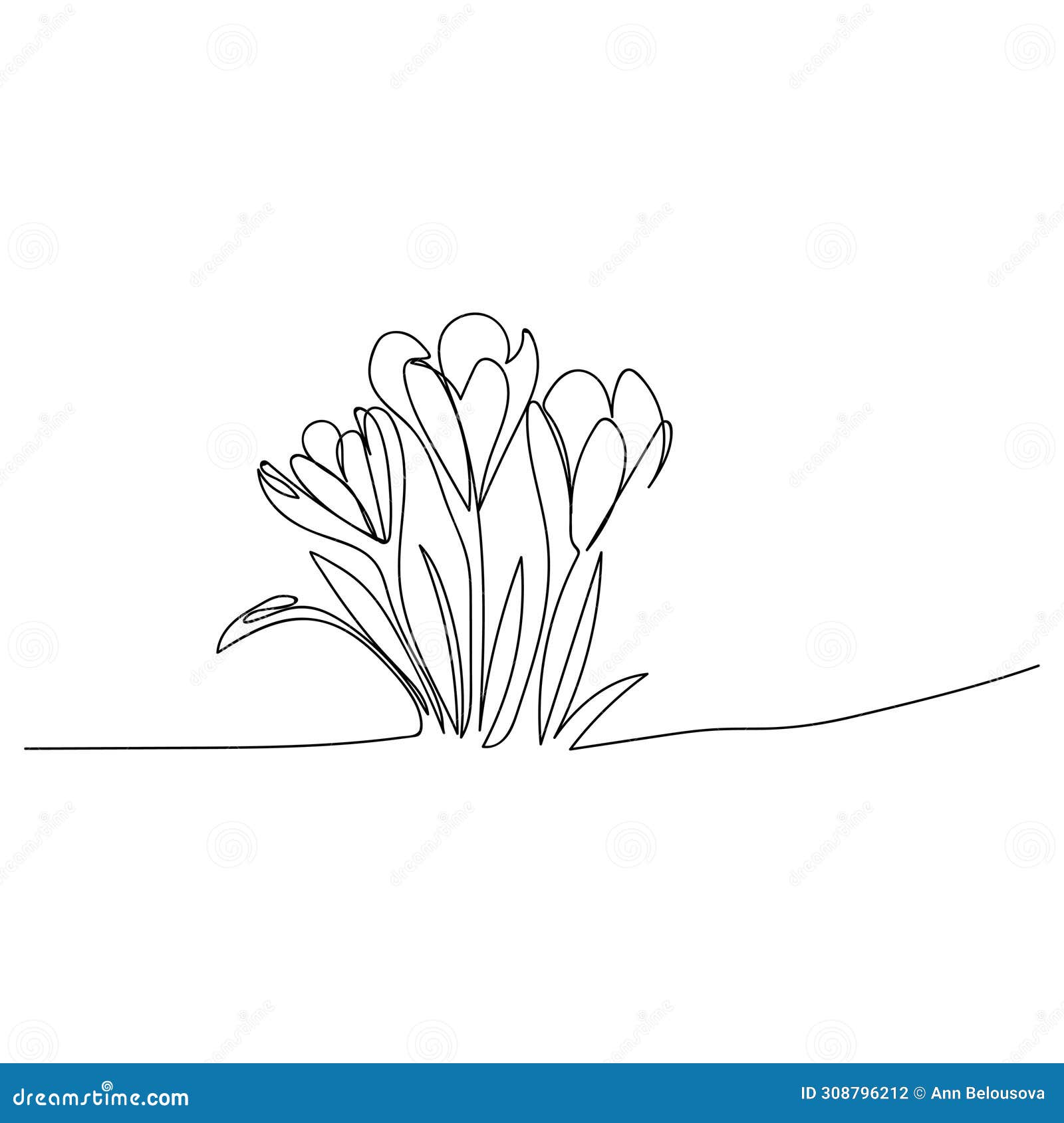 Line Art, Bouquet of Flowers Crocus Spring and Summer, Drawing with One ...