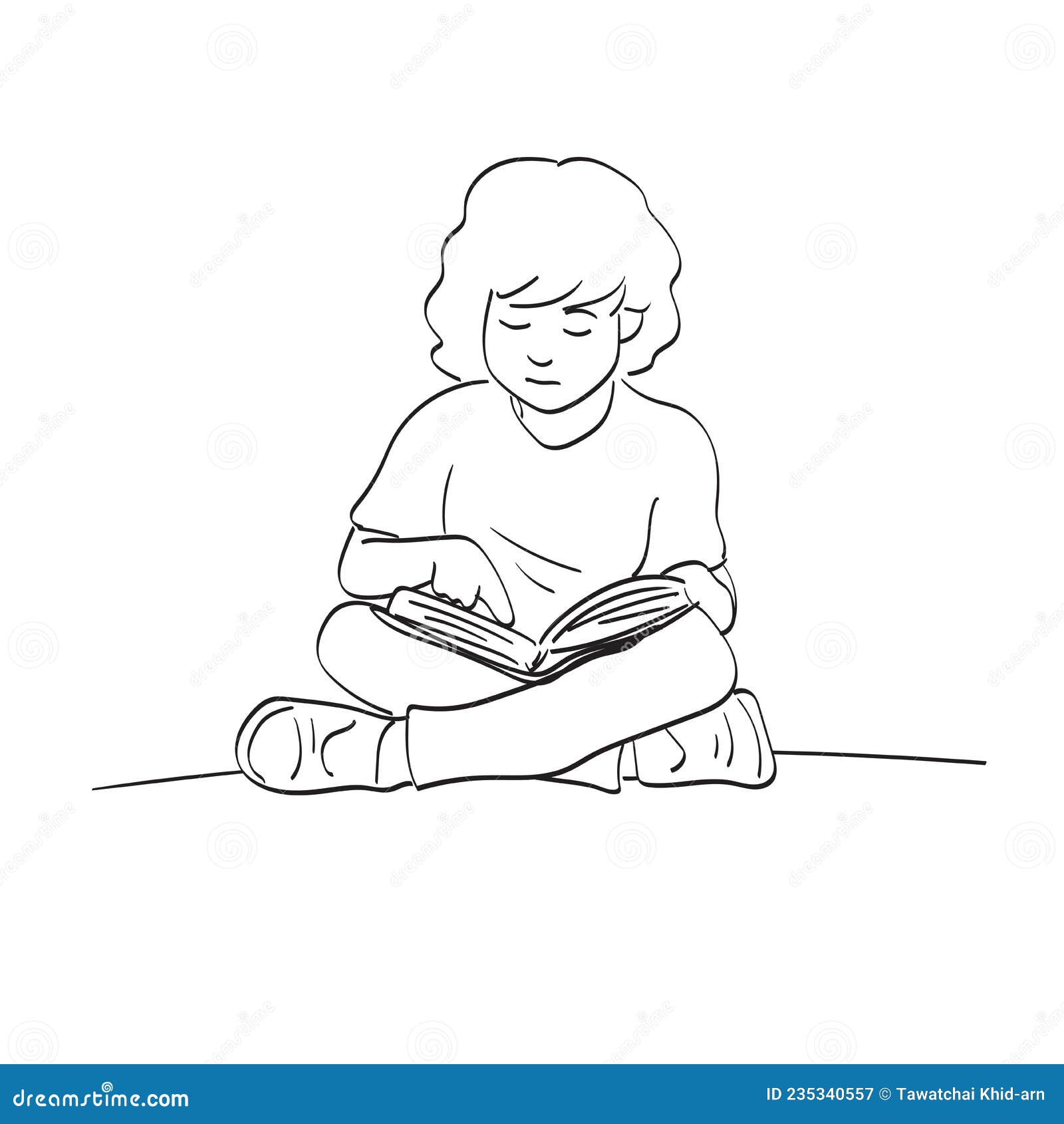 Line Art Boy Reading Book On The Ground Illustration Vector Isolated On ...