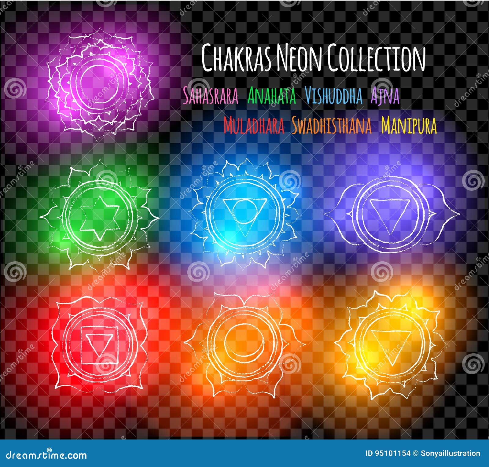 Line Art Chakra Symbols with Neon Glow Stock Vector - Illustration of ...