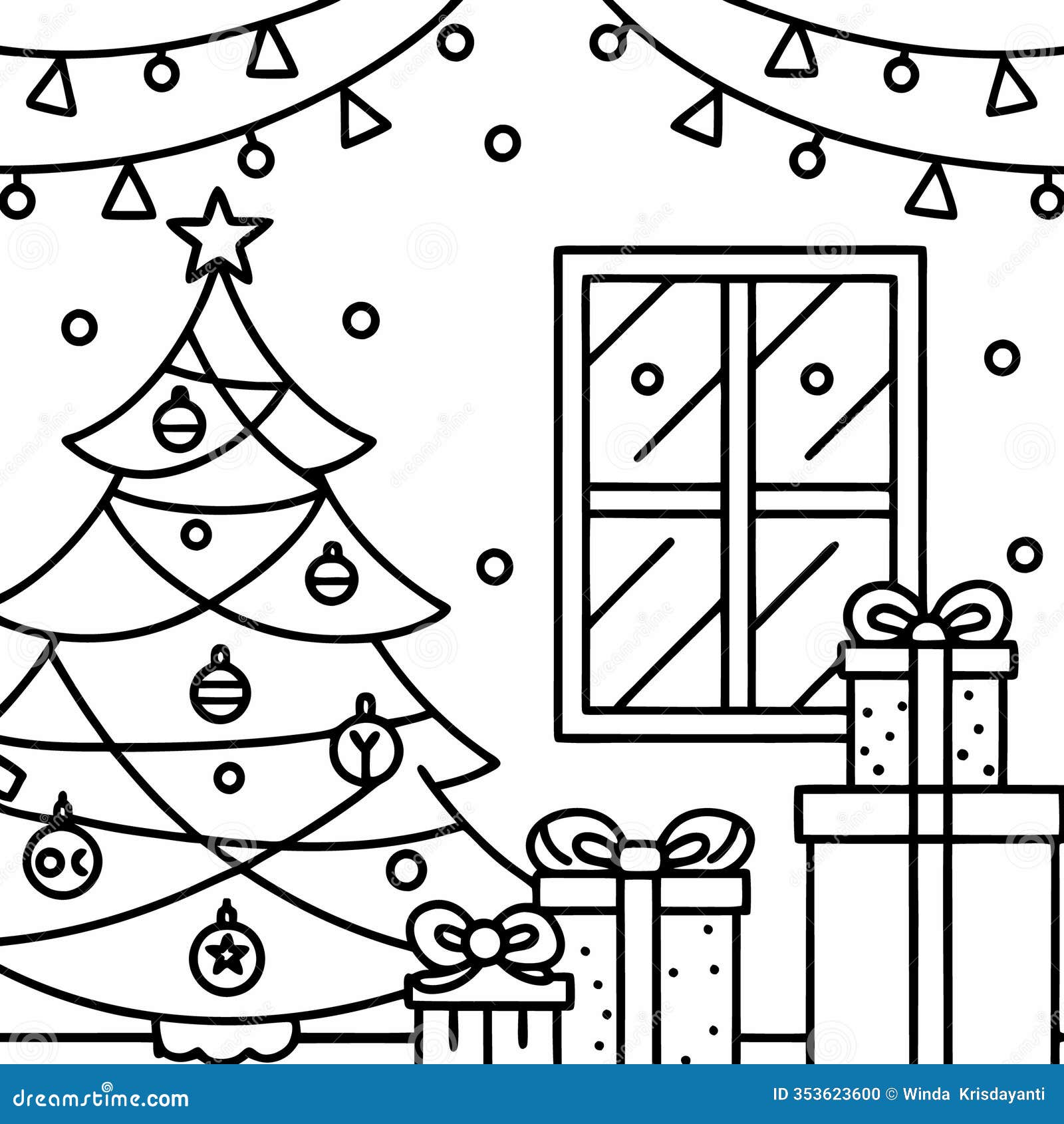 Line Art Christmas Scene Tree, Gifts, Window Stock Vector ...