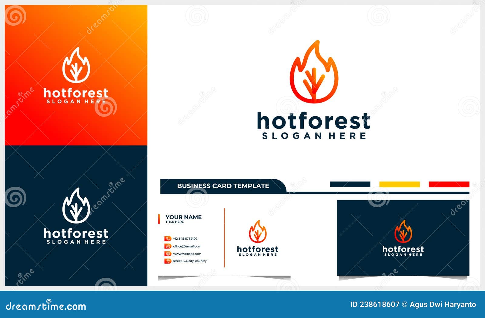 Line Art Fire and Tree Logo Concept with Business Card Template Stock ...
