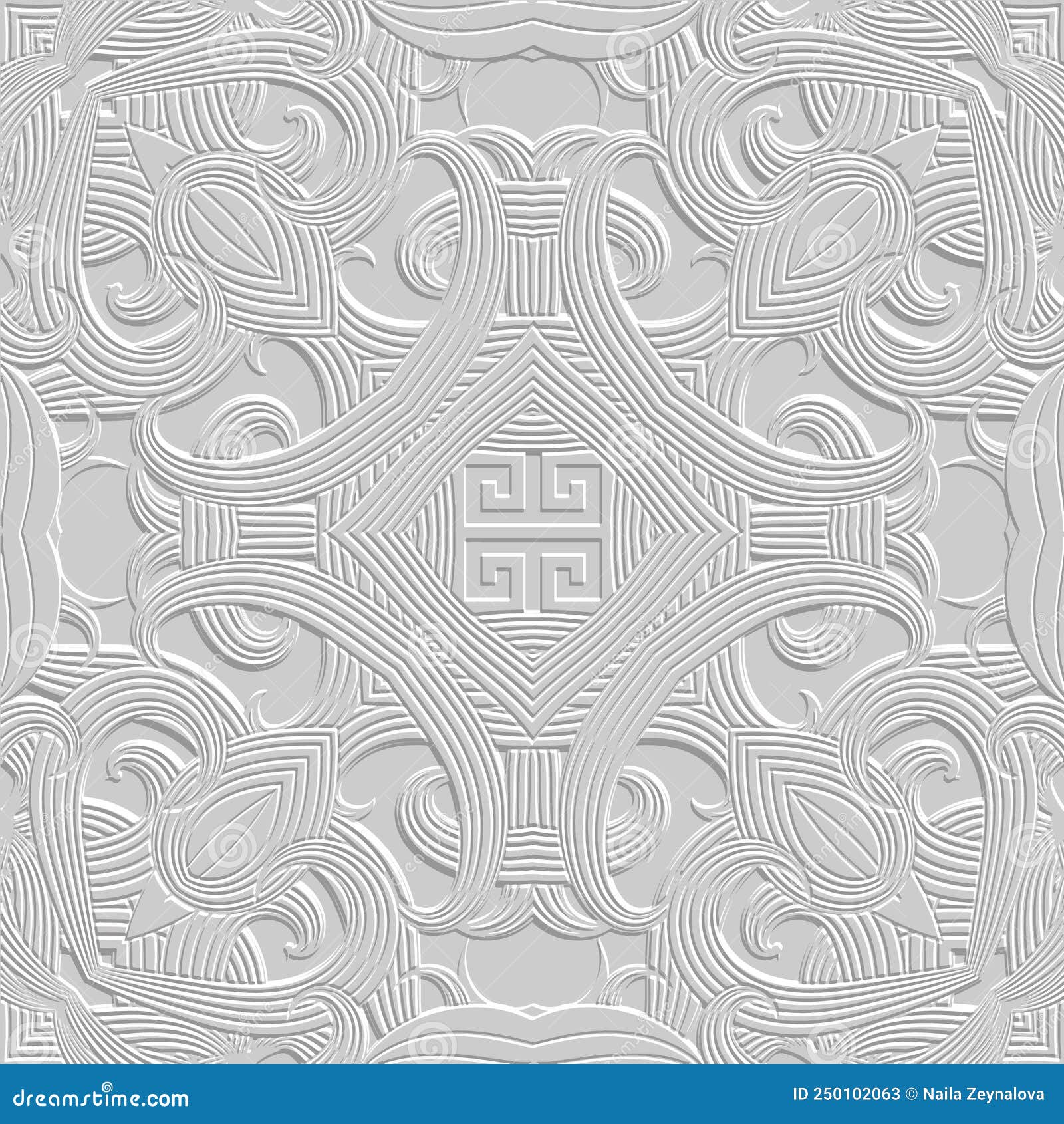 Line Art Greek Style Floral 3d Seamless Pattern. Vector Embossed White ...