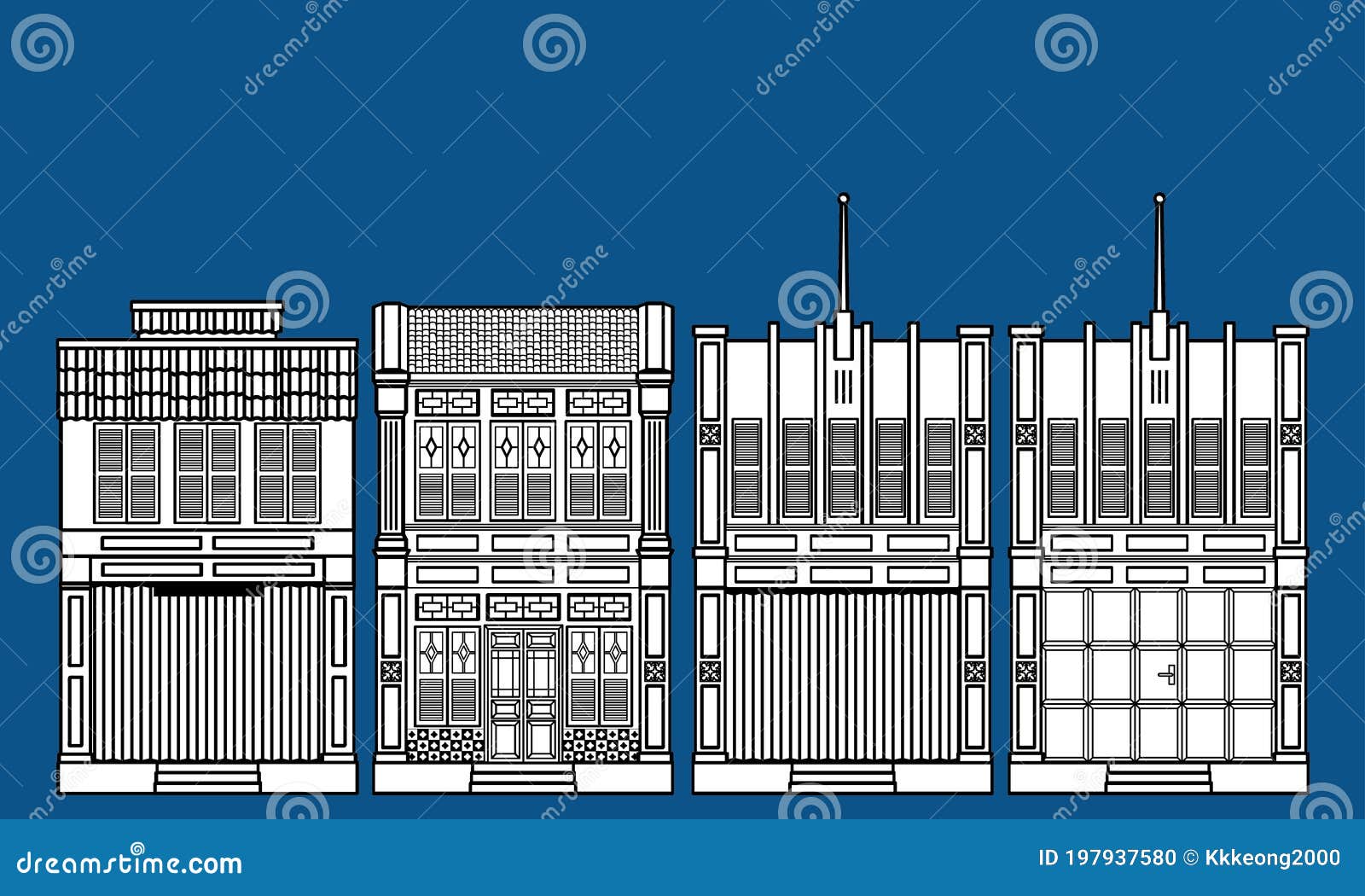 Line Art of a Group of Historical Colonial Style Shophouses. Stock ...