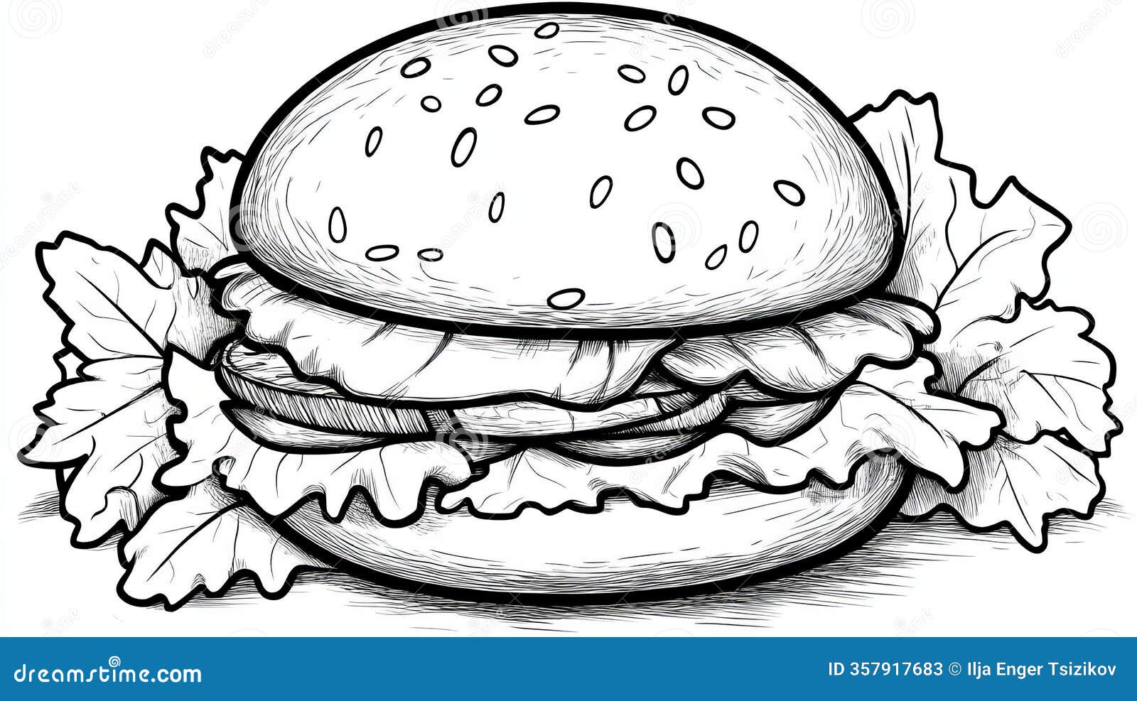 Line Art Illustration Of A Burger, Outline Drawing For Coloring Book Or ...
