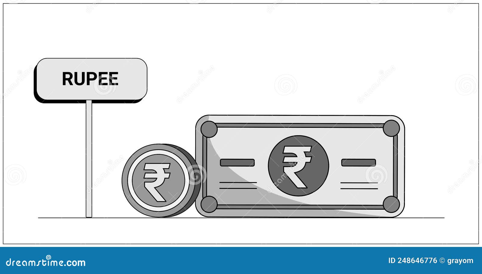 Rupee Currency Bank Note and Coin Minimal Line Art Vector Illustration ...