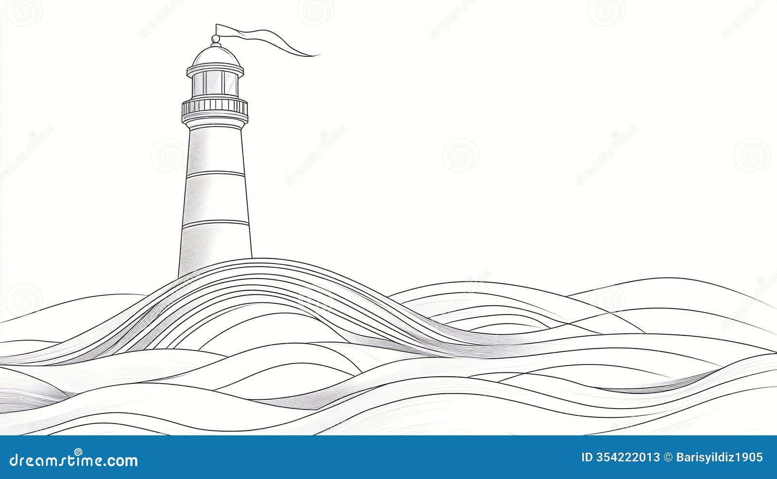 Line Art of a Lighthouse on a Hill Surrounded by Abstract Flowing Wave ...