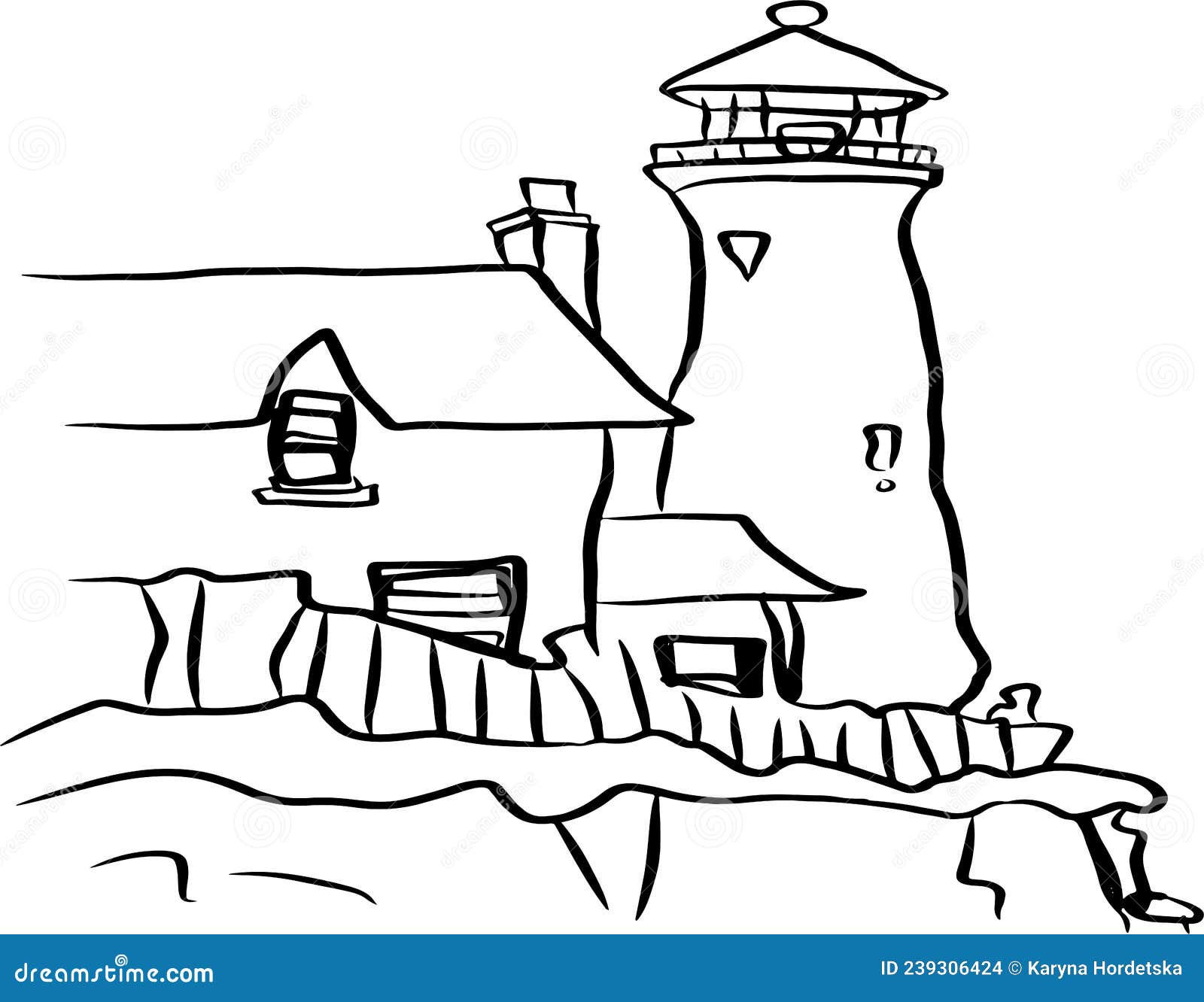 Line Art Lighthouse by the Sea with Houses Stock Vector - Illustration ...