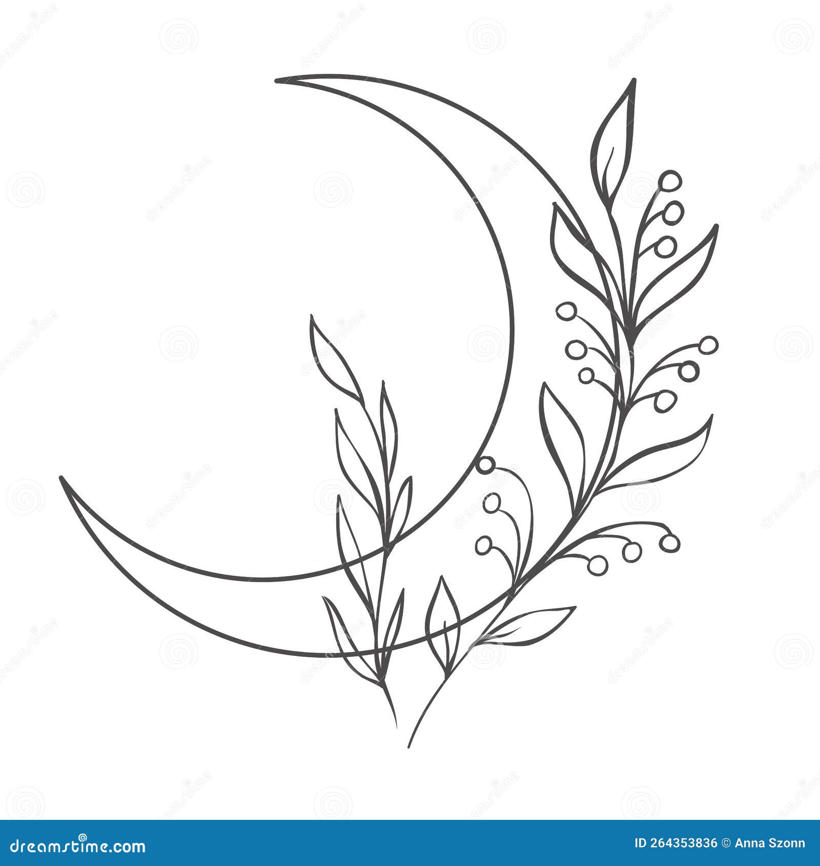 Line Art Moon with Branch on the White Background. Stock Vector ...