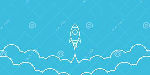 Line Art Rocket Banner Vector Space Ship and Clouds Background Banner ...