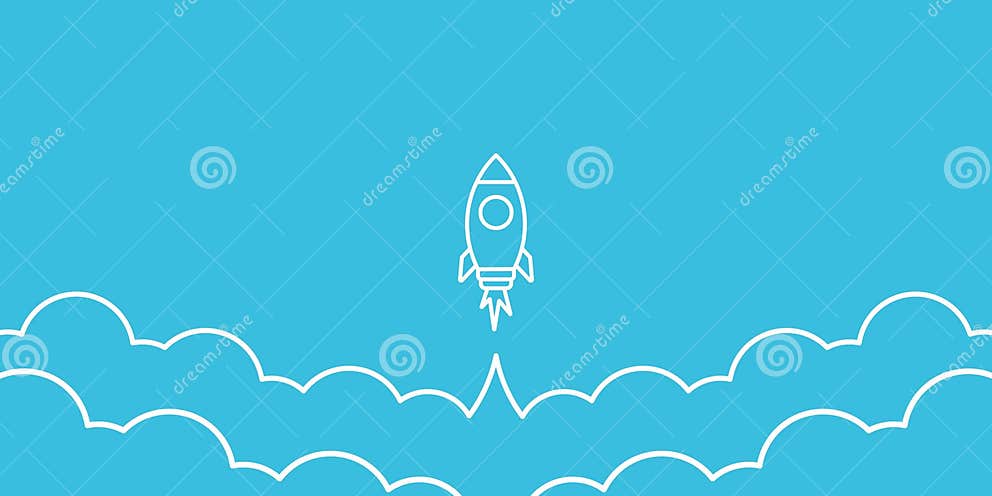 Line Art Rocket Banner Vector Space Ship and Clouds Background Banner ...
