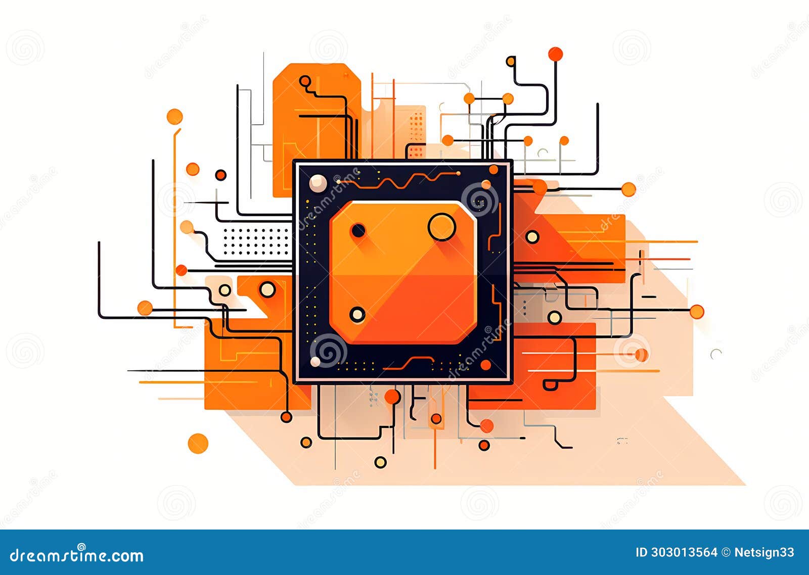 Line Art of Semiconductor, a Computer Chip with Orange and Black Lines ...