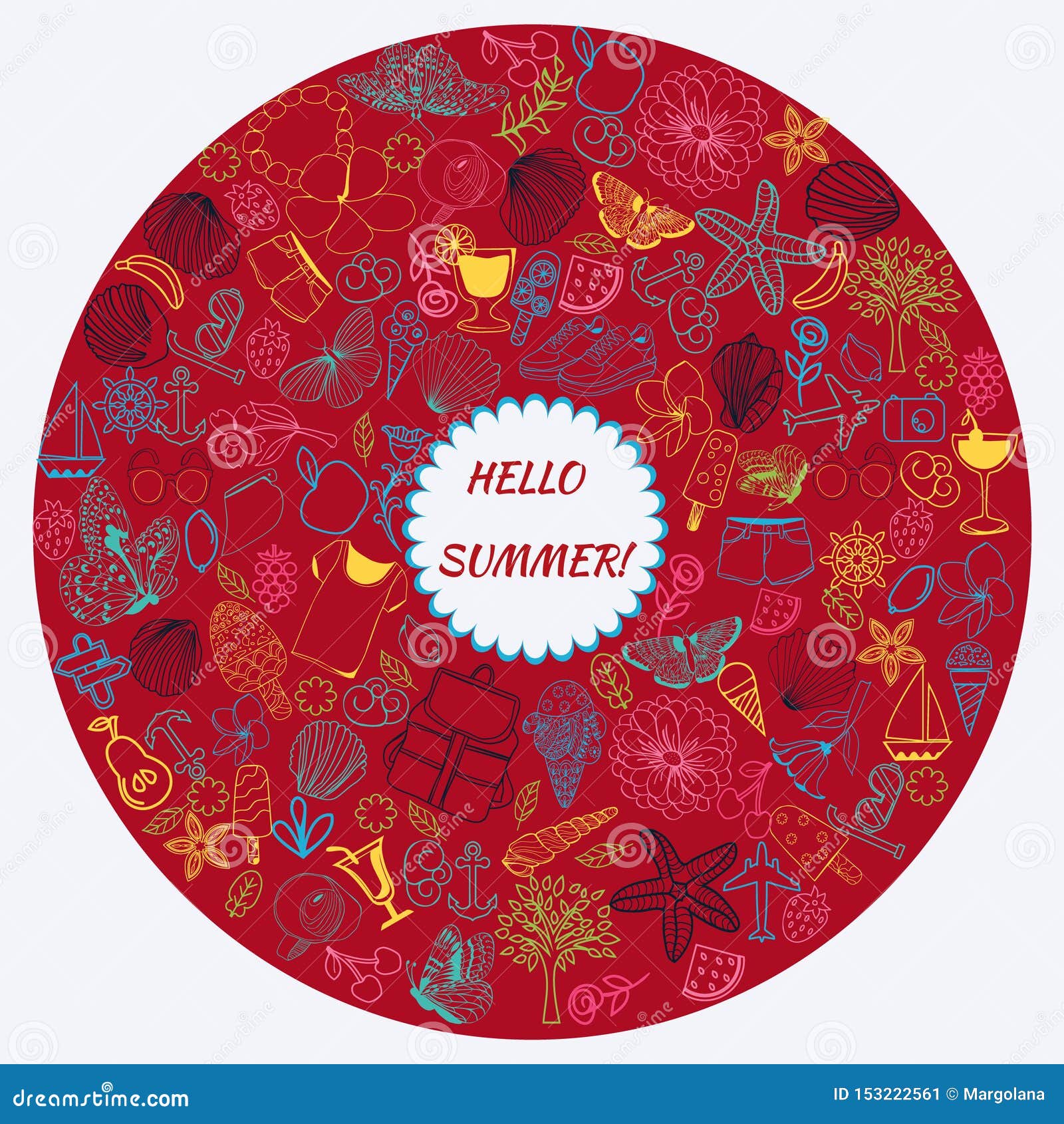Line Art Set of Summer Theme Doodle Collection in Round Frame Stock ...