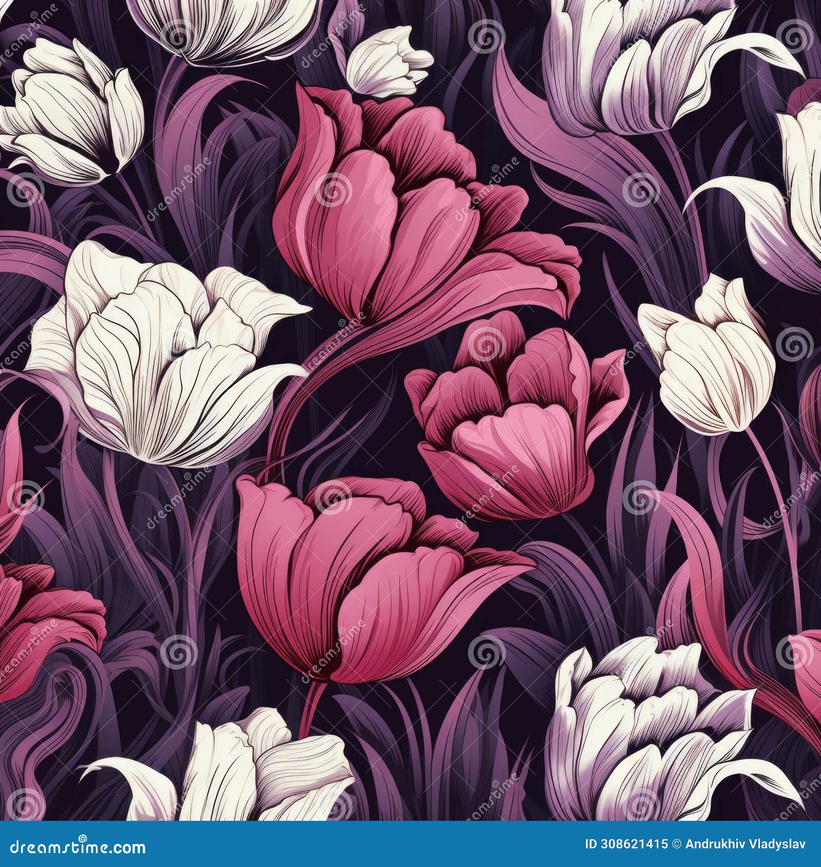 The Line Art Tulip Field Seamless Pattern Stock Illustration ...