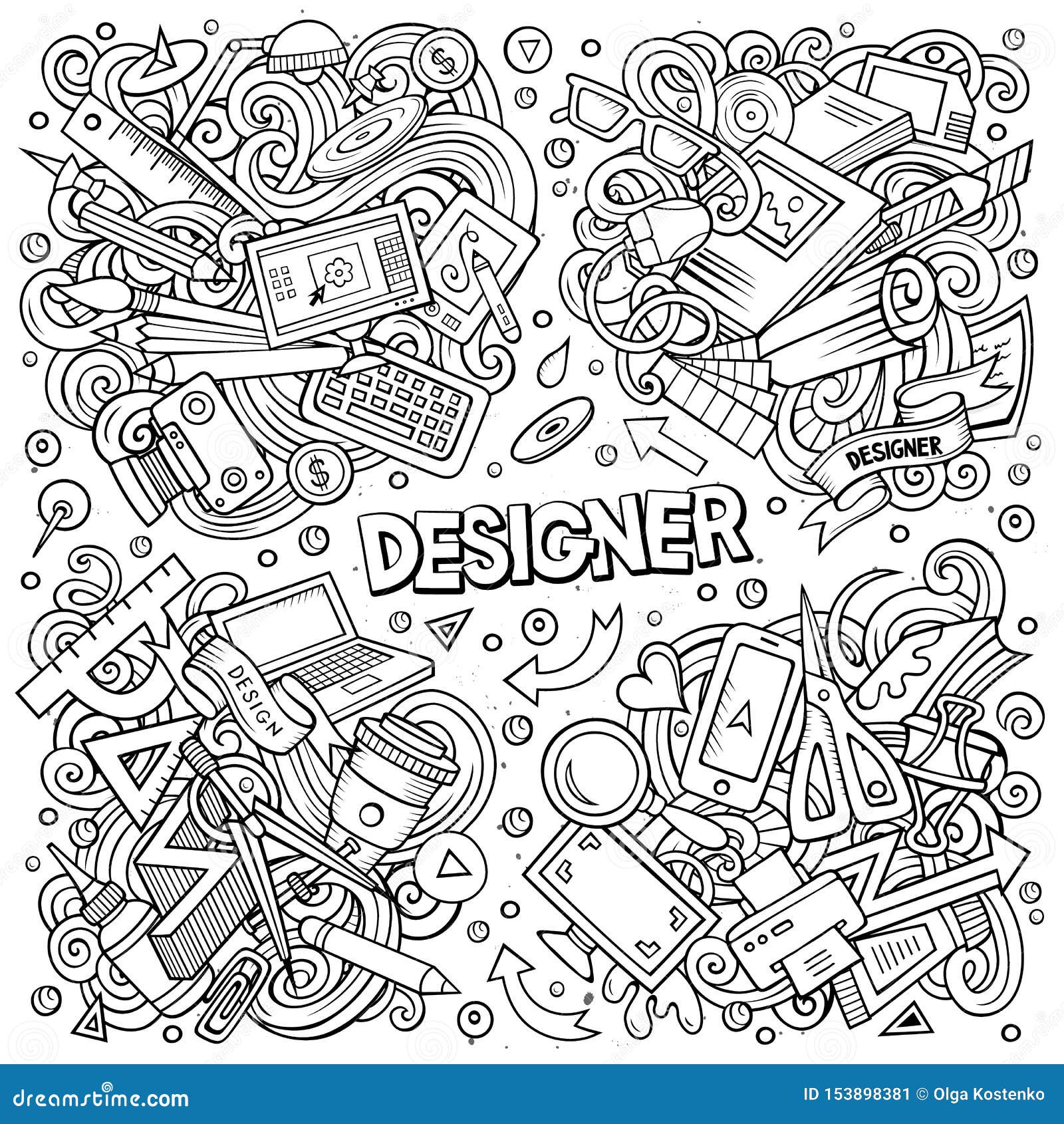 Line Art Vector Doodles Cartoon Set of Designer Combinations of Objects ...
