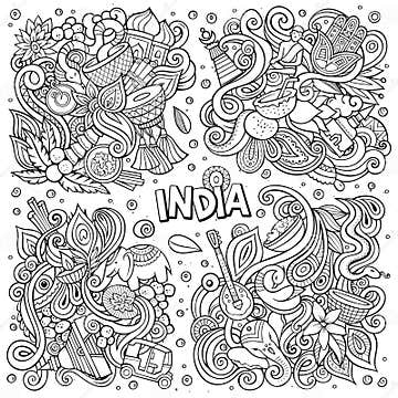 Line Art Vector Hand Drawn Doodles Cartoon Set of India Combinations of ...