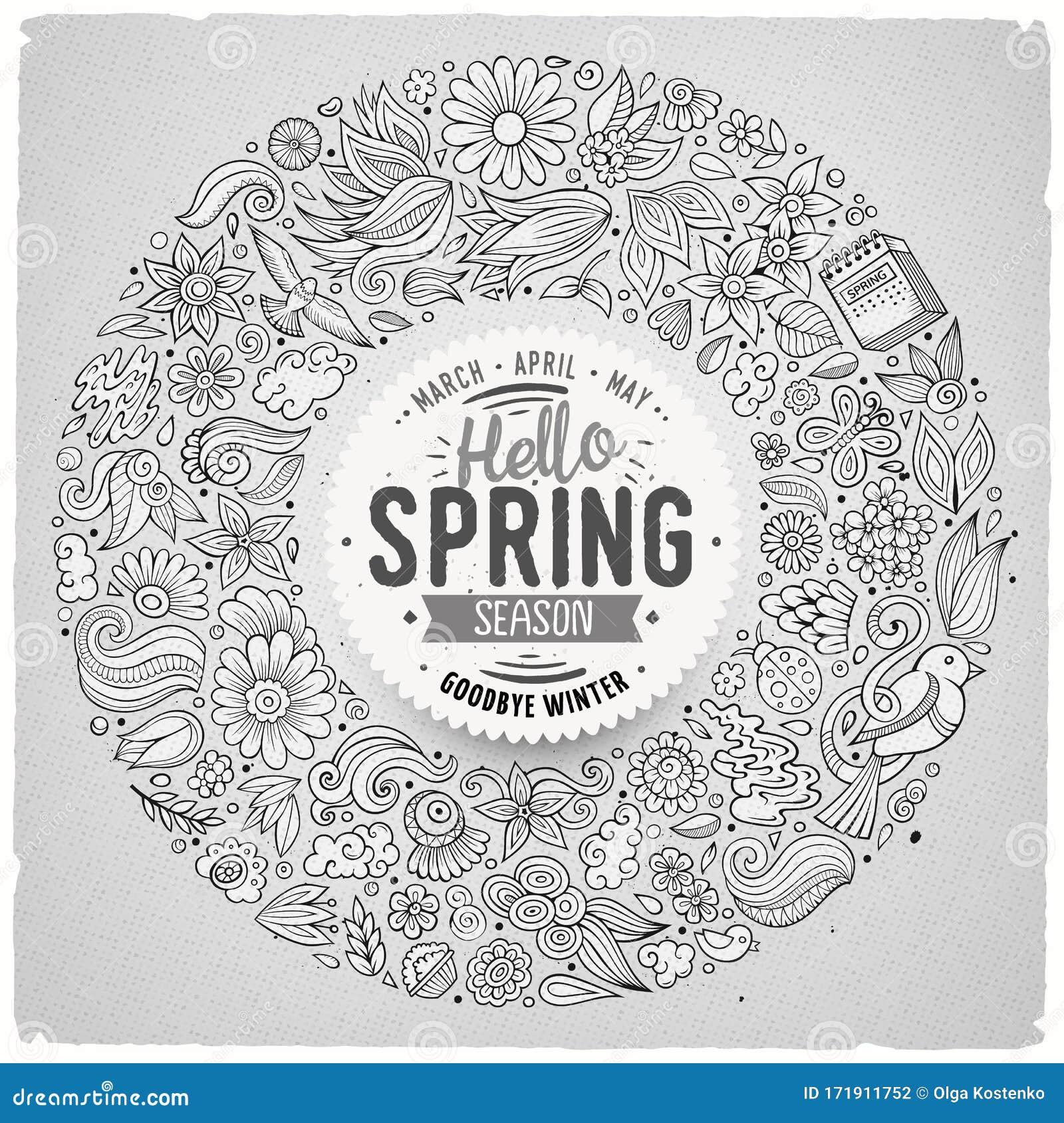 Line Art Vector Hand Drawn Set of Spring Cartoon Doodle Objects Stock ...