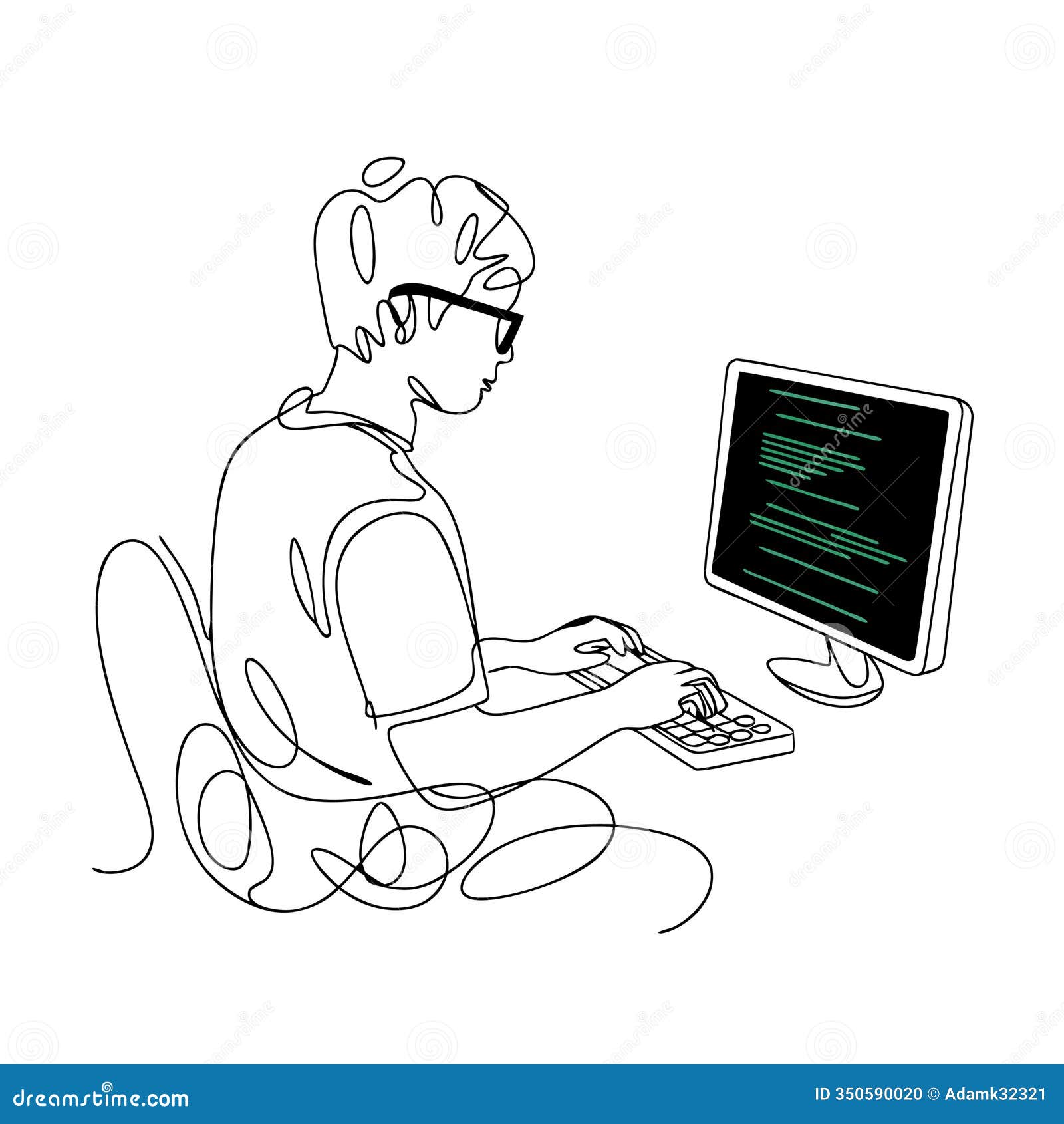 Programmer Working at Computer Line Art Vector Illustration Stock ...
