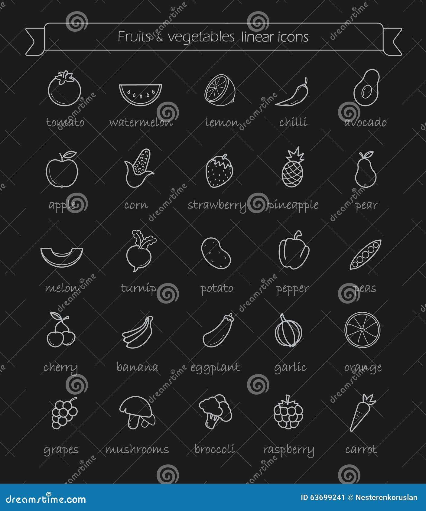 Line Art Vegetables Icons Set. Chalk Stock Vector - Illustration of ...