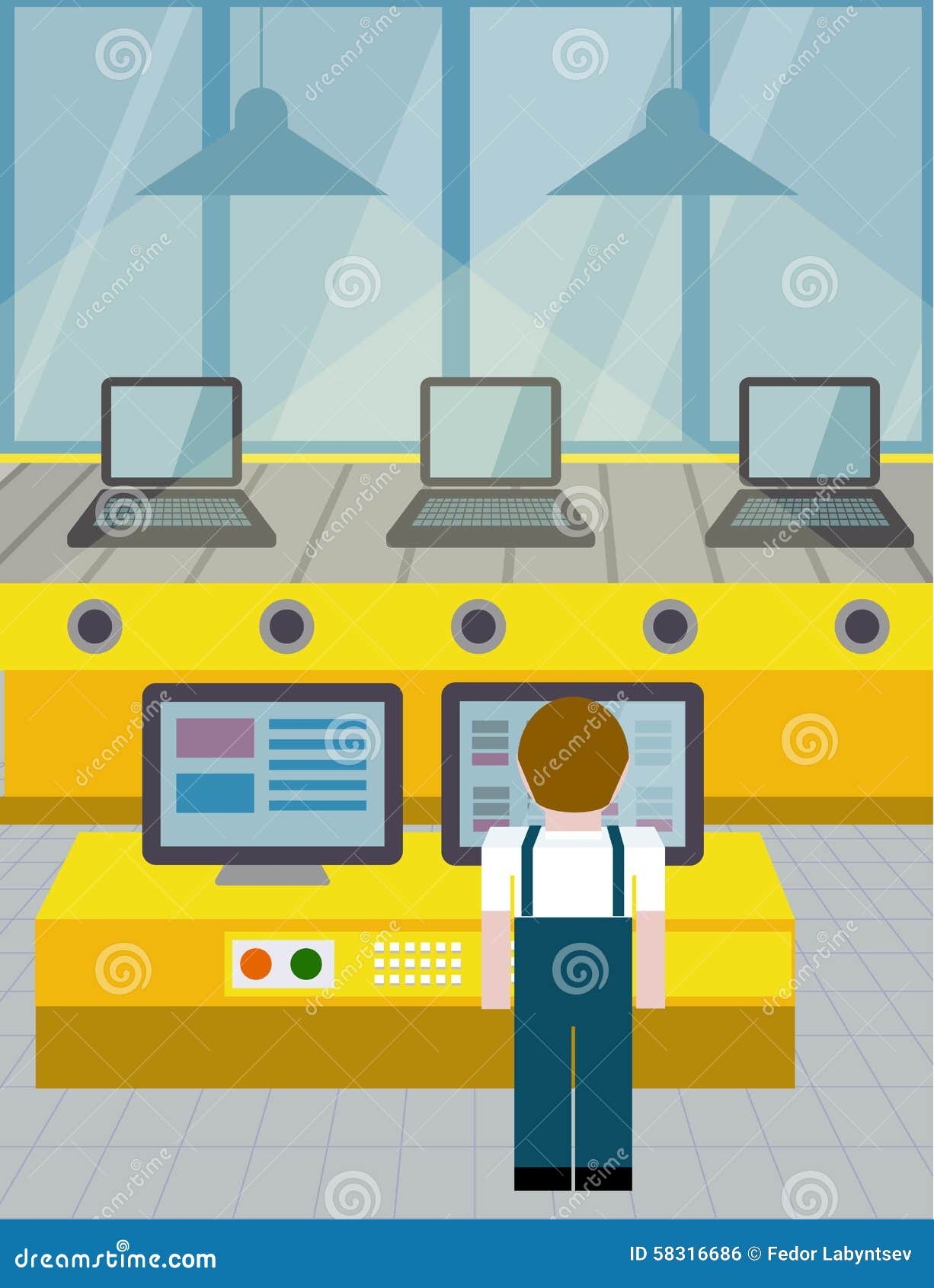 Line on Assembly of Computers. Flat Style Stock Vector - Illustration ...