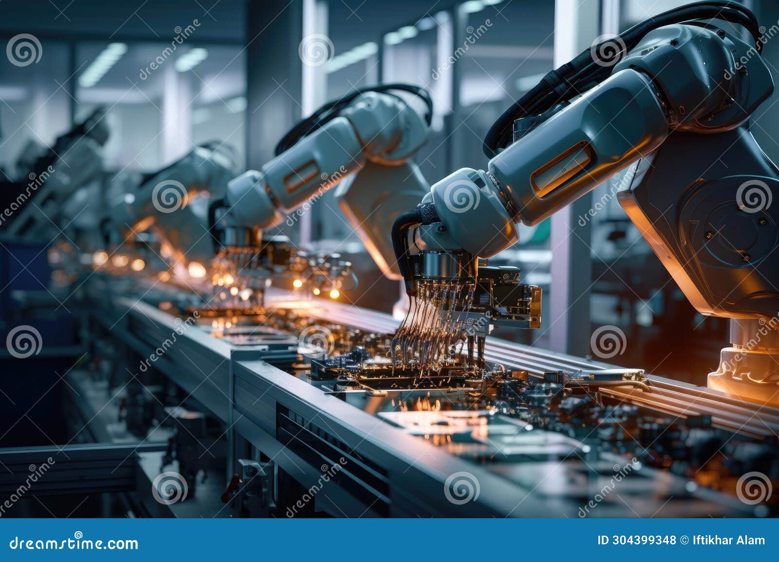 A Line of Automated Robotic Arms Efficiently Working on a Machine in a ...