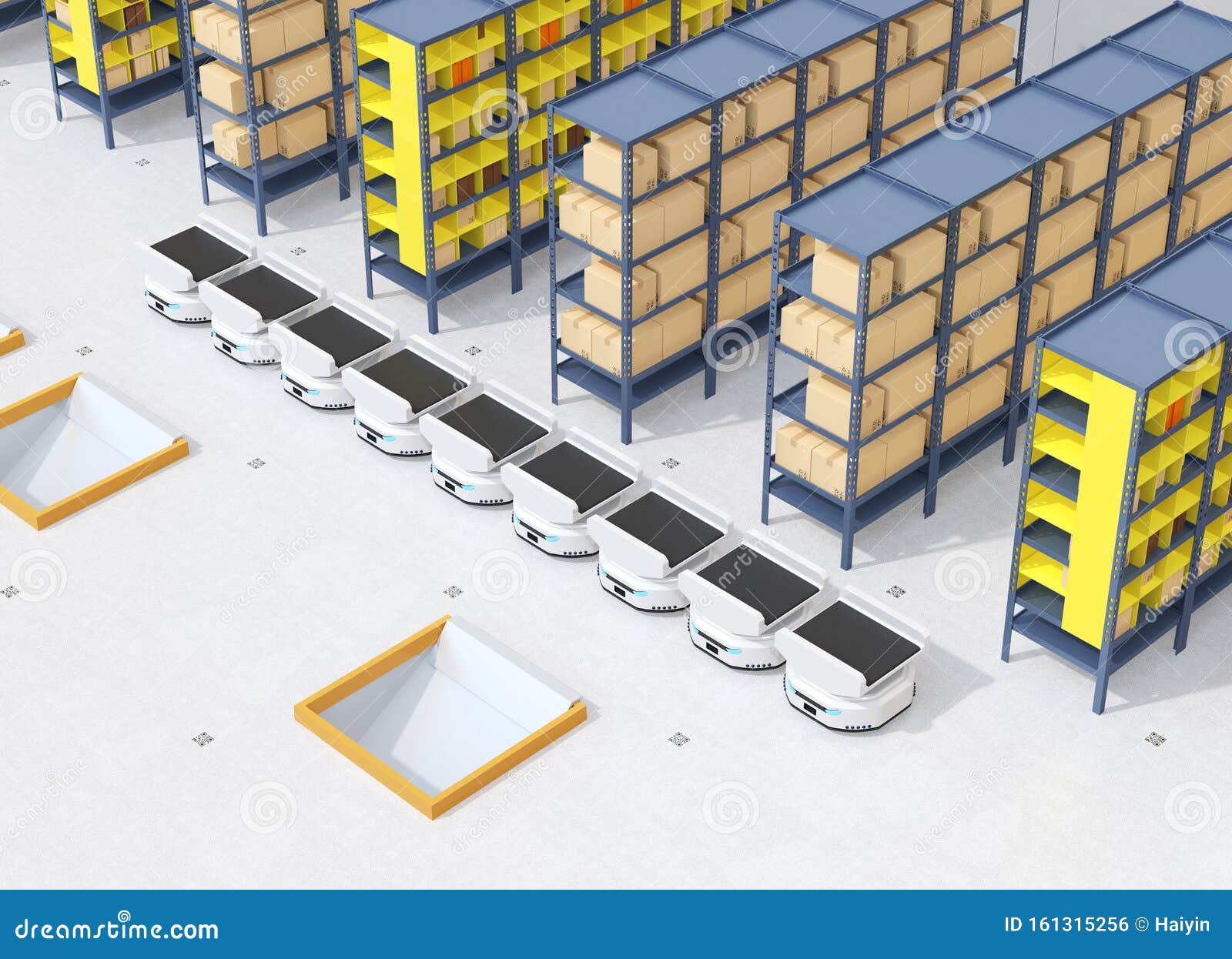 Line of Autonomous Mobile Robots in Modern Warehouse Stock Illustration ...