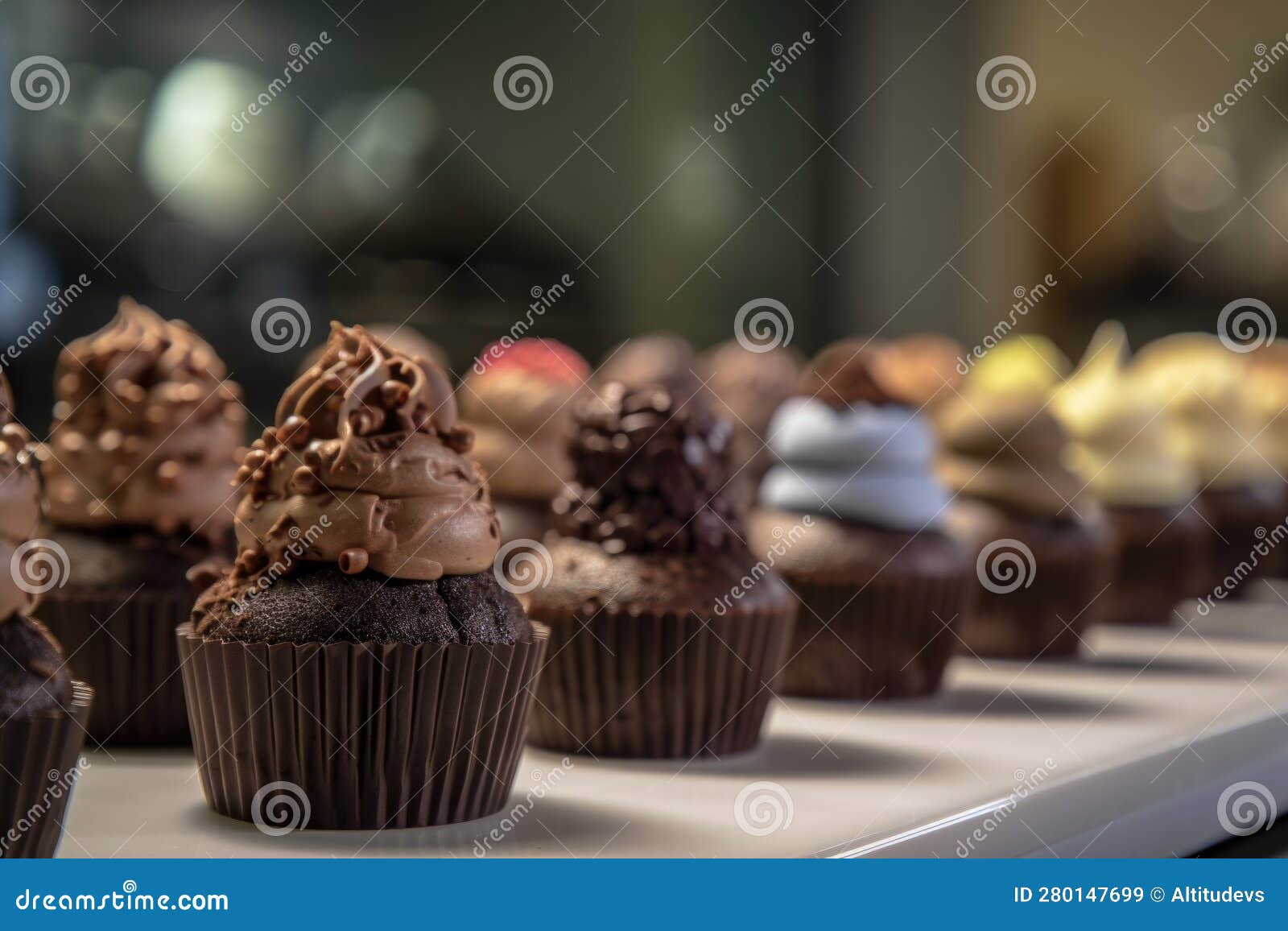 Line of Beautifully Decorated Chocolate Cupcakes on Display Stock ...