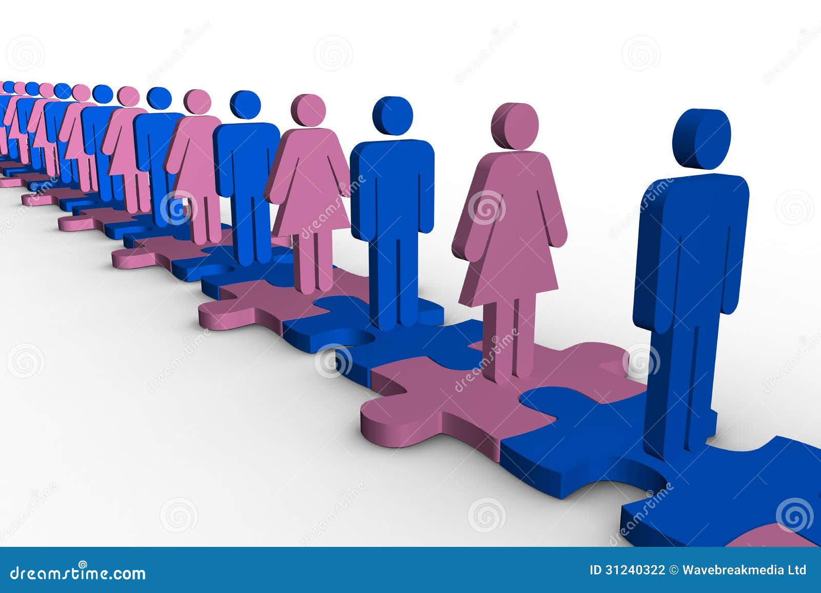 Line of Blue and Pink Human Forms Standing Over Meshed Jigsaw Pi Stock ...