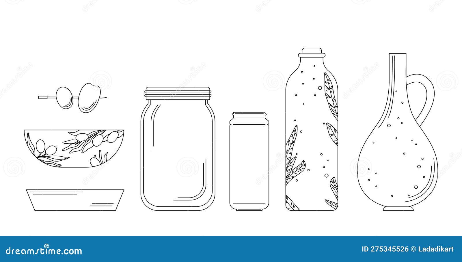 Line Bottle, Bowls and Jars. Isolated Doodle Decorative Bowl with Olive ...