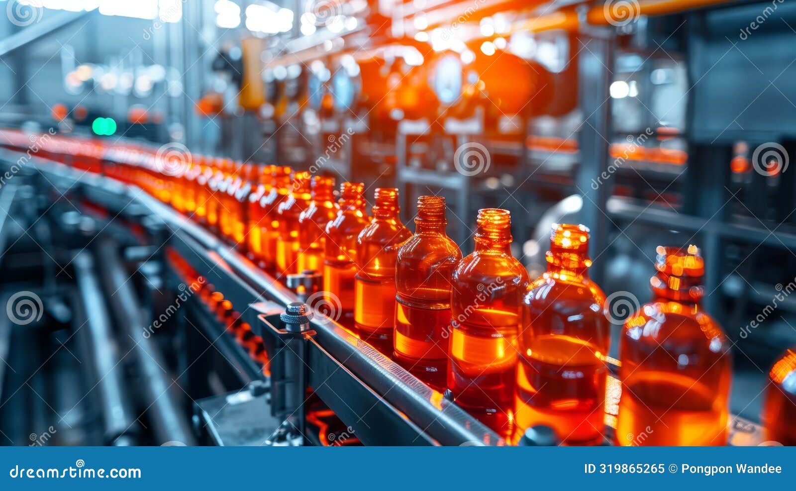 A Line of Bottles Moving through the Filling and Capping Process at a ...