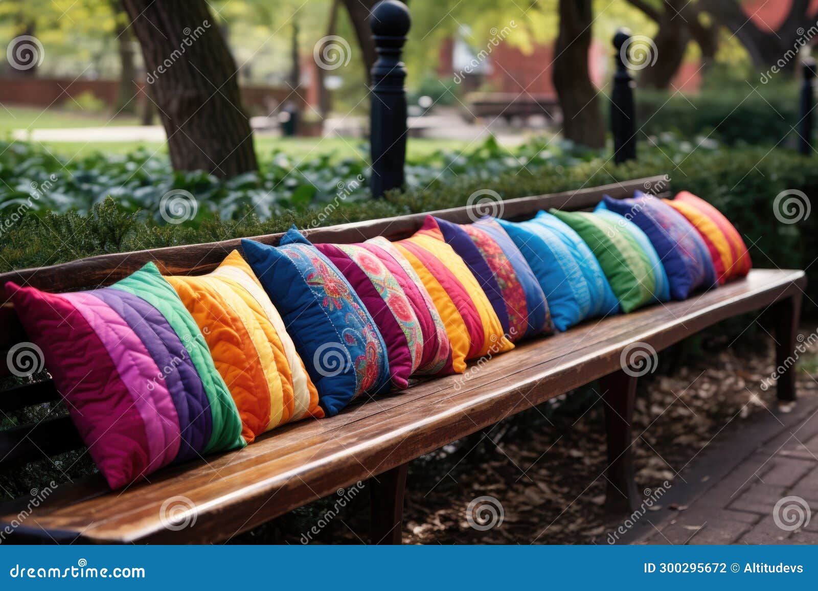 A Line of Bright, Multi-colored Cushions on a Park Bench Stock Photo ...