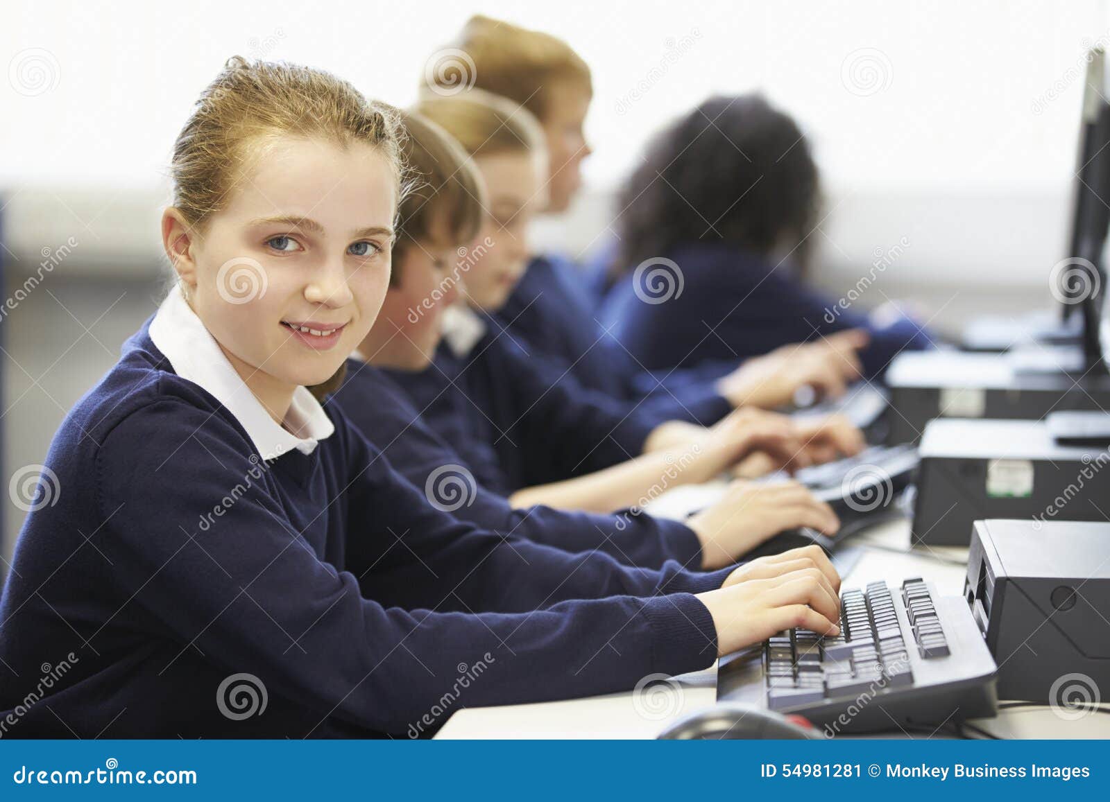 Line of Children in School Computer Class Stock Image - Image of ...