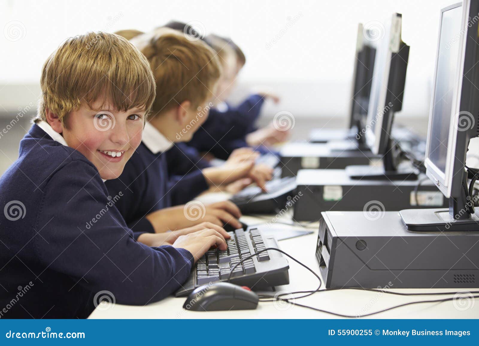 Line of Children in School Computer Class Stock Image - Image of ...