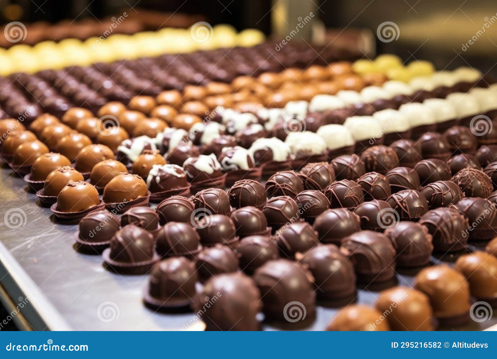 A Line of Chocolate Candies Waiting To Be Wrapped Stock Photo - Image ...