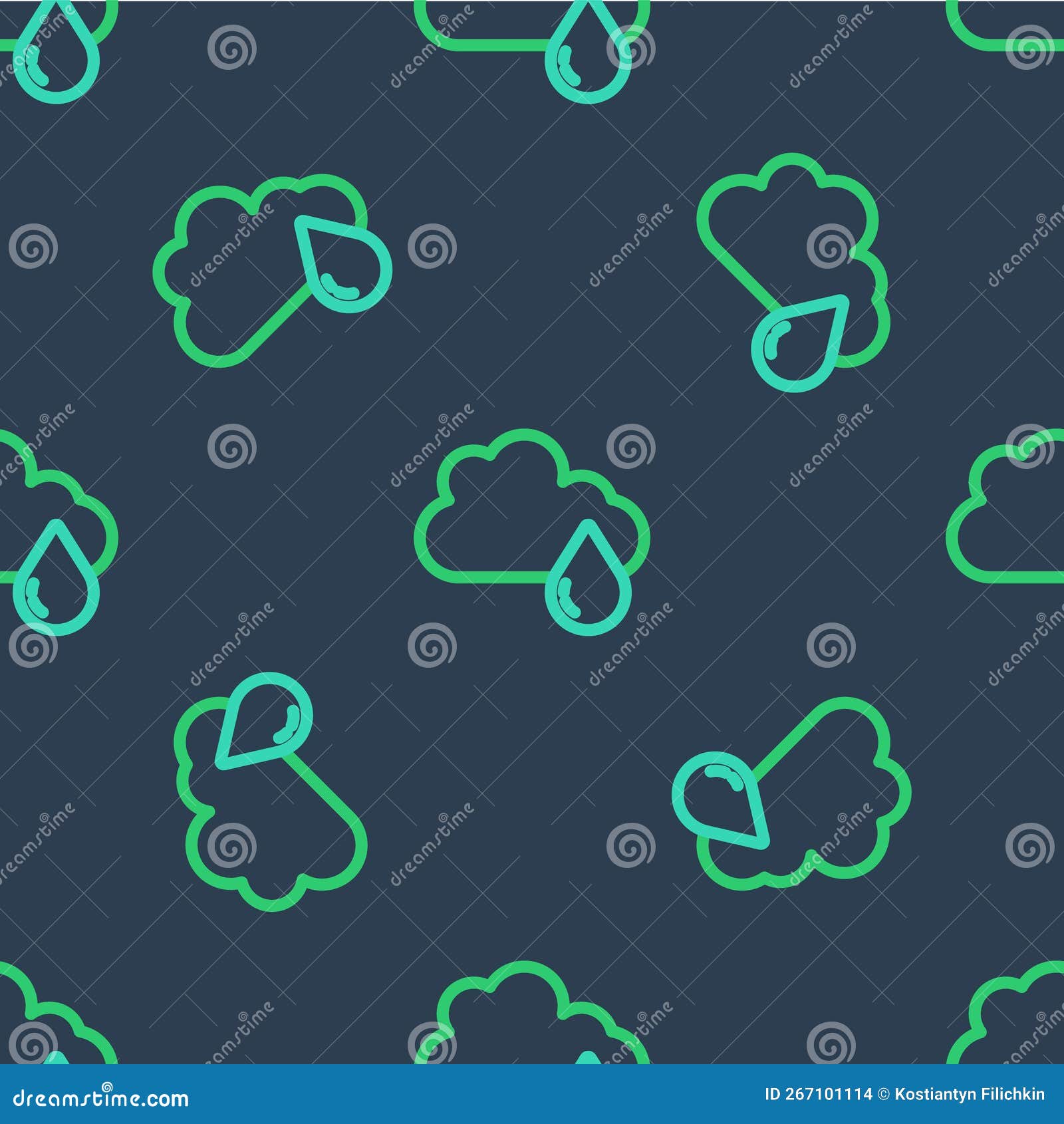 Line Cloud with Rain Icon Isolated Seamless Pattern on Blue Background ...