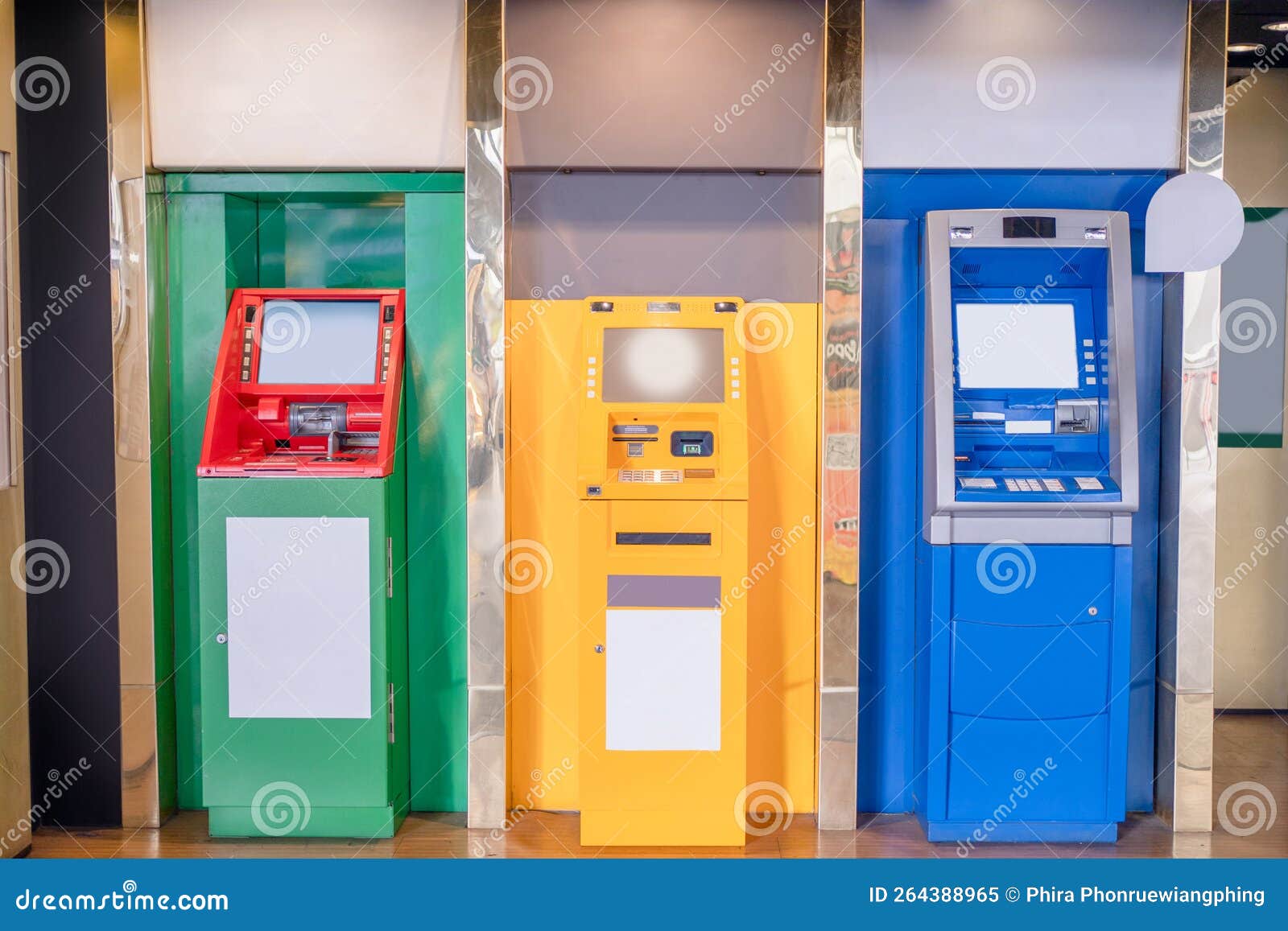 Line of Colorful ATM in the Lobby. Background Image Stock Image - Image ...