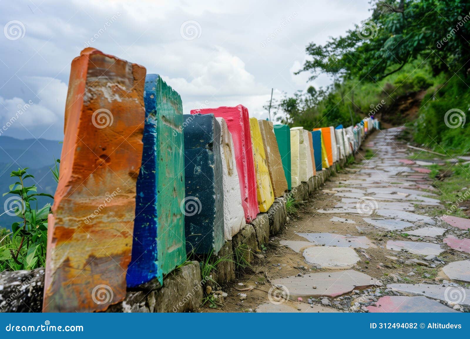 Line of Colorful Boundary Stones between Two Countries Stock Photo ...